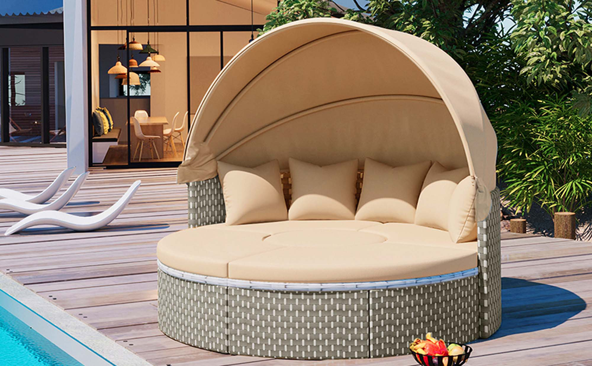 Dovecove Patio Furniture Round Outdoor Sectional Sofa Set Rattan Daybed ...