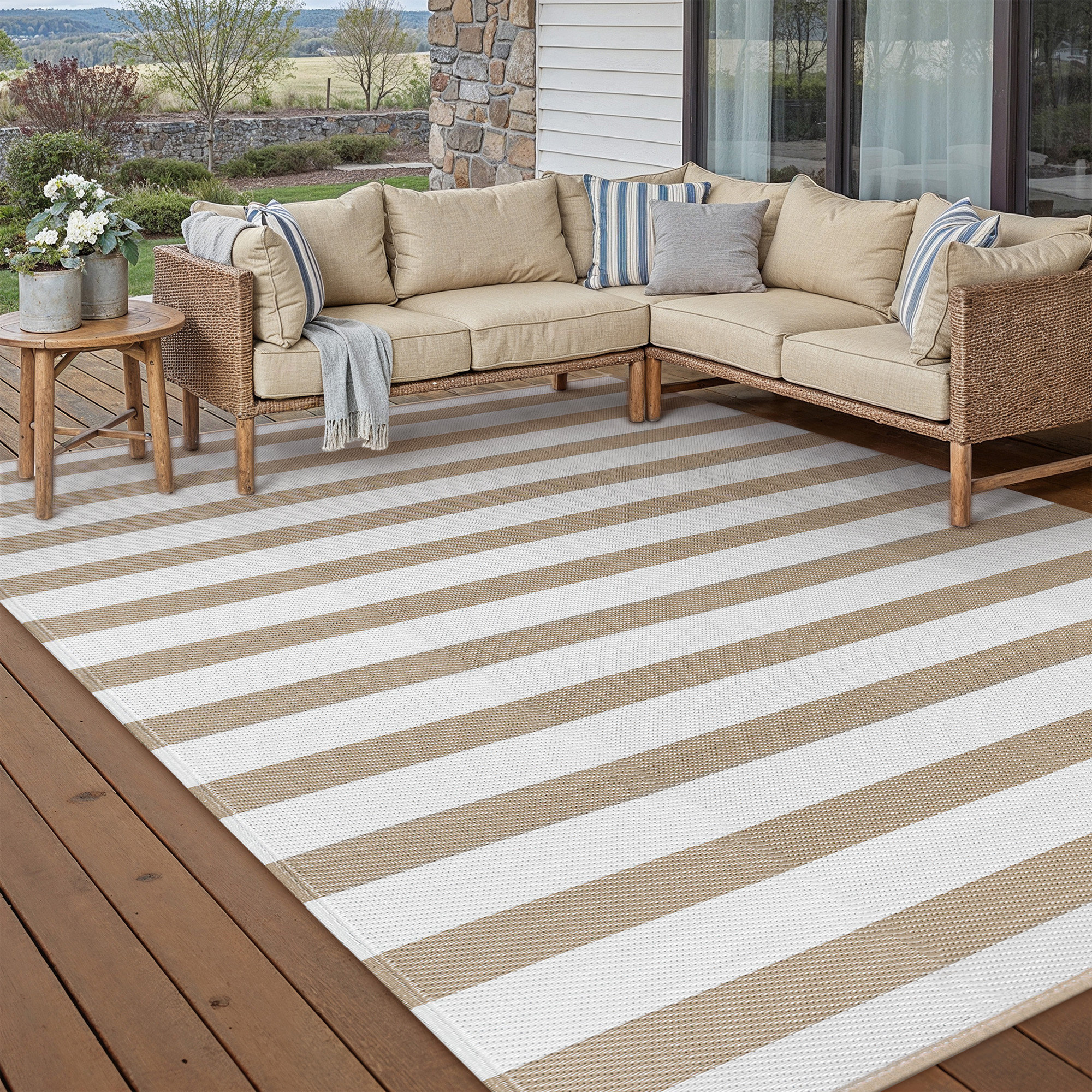 Highland Dunes Ellie Waterproof Striped Plastic Outdoor Rug with ...
