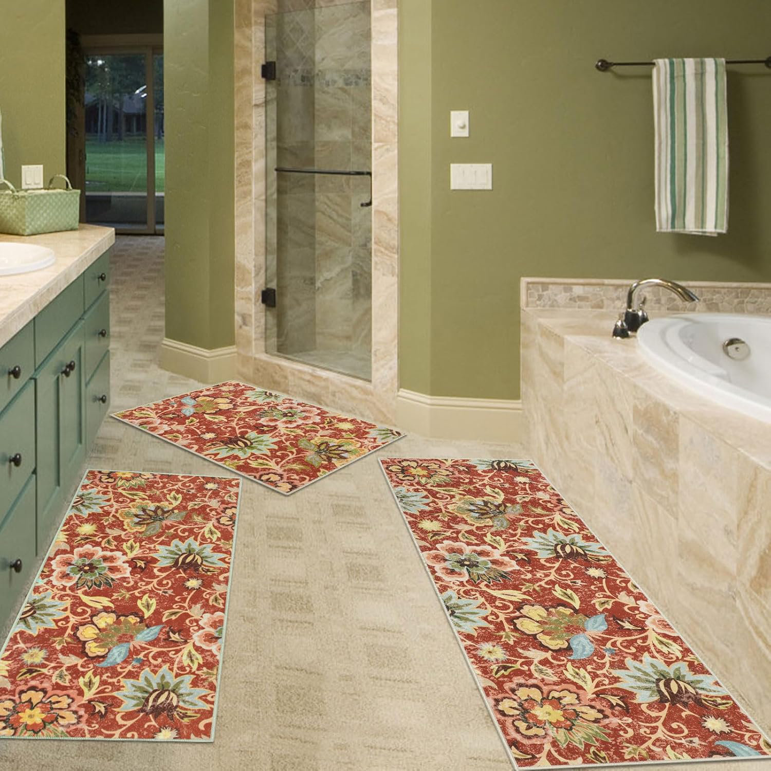 Canora Grey Boho Kitchen Rug Sets 3 Piece with Runner Non Slip Red ...