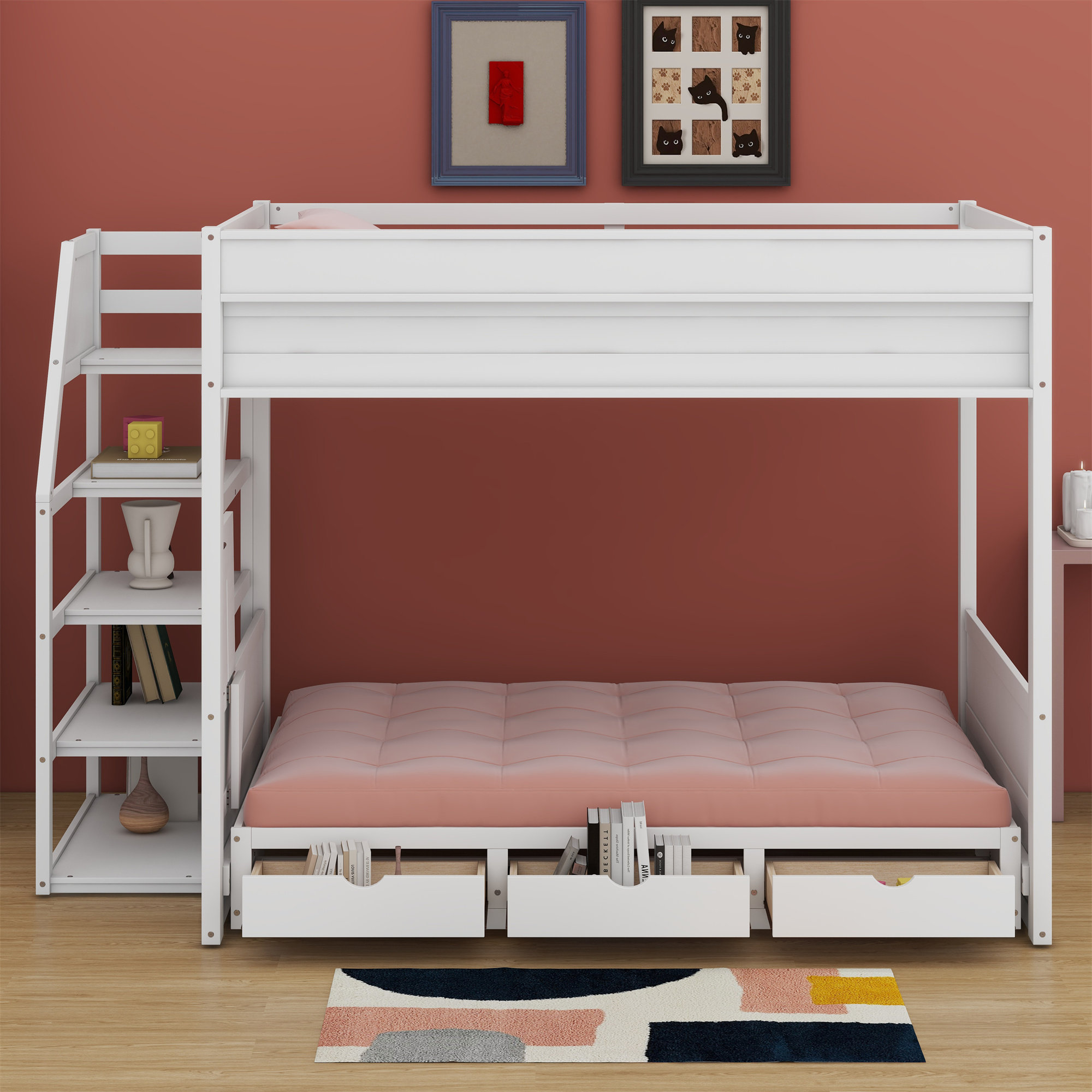 Harriet Bee Wood Convertible Bunk Bed With Storage Staircase, Bedside ...
