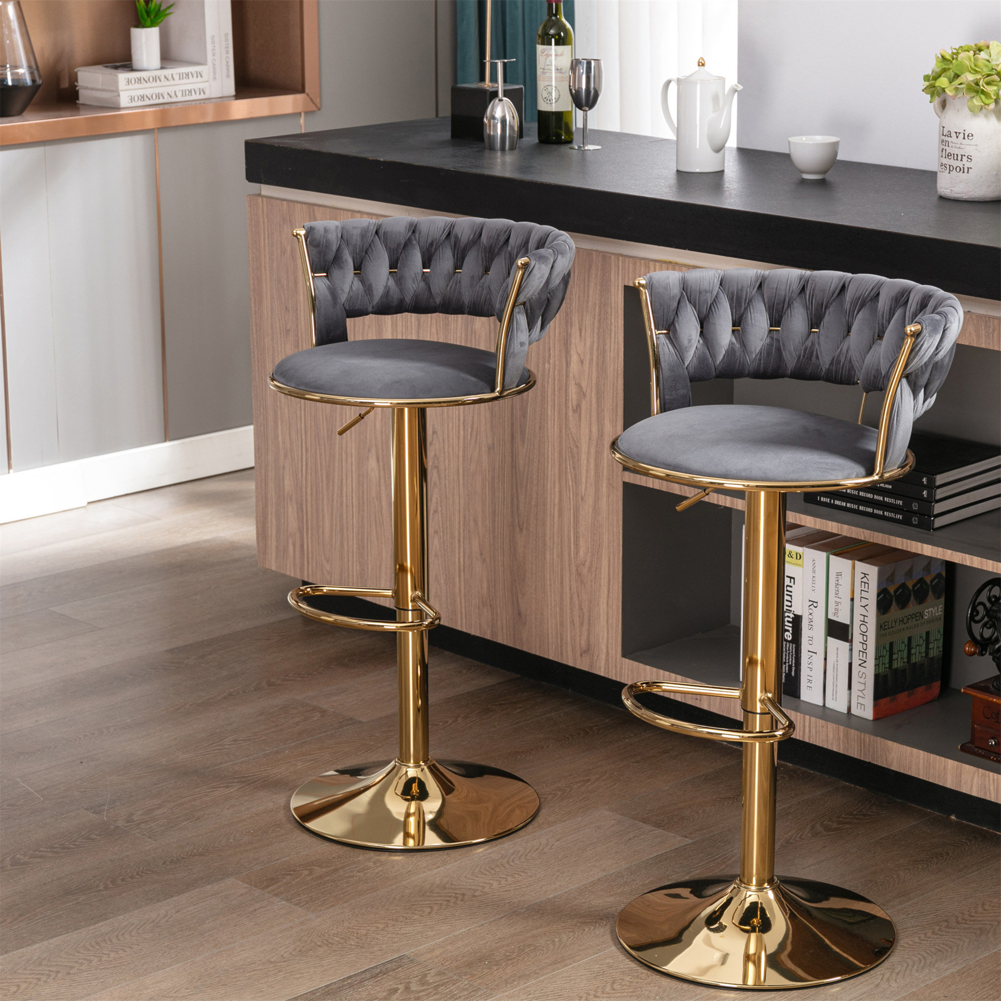Mercer41 Set Of 2 Bar Stools,With Chrome Footrest And Base Swivel ...