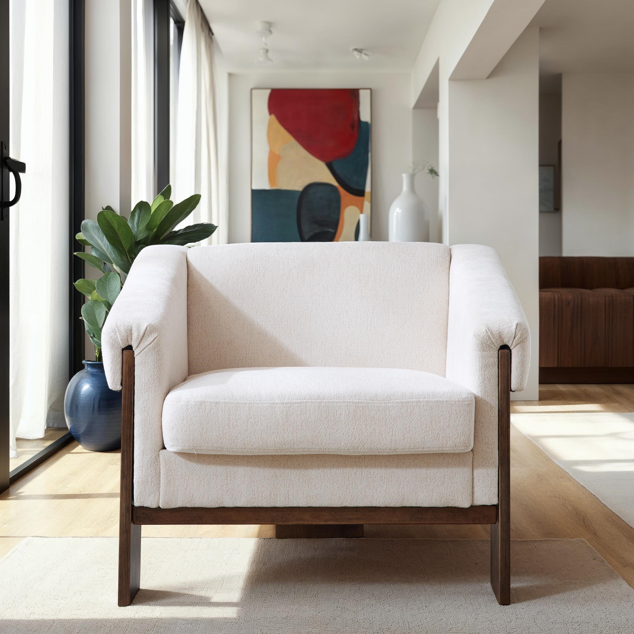 George Oliver 34"Modern Accent Chair with White Fabric,Deep Cushions ...