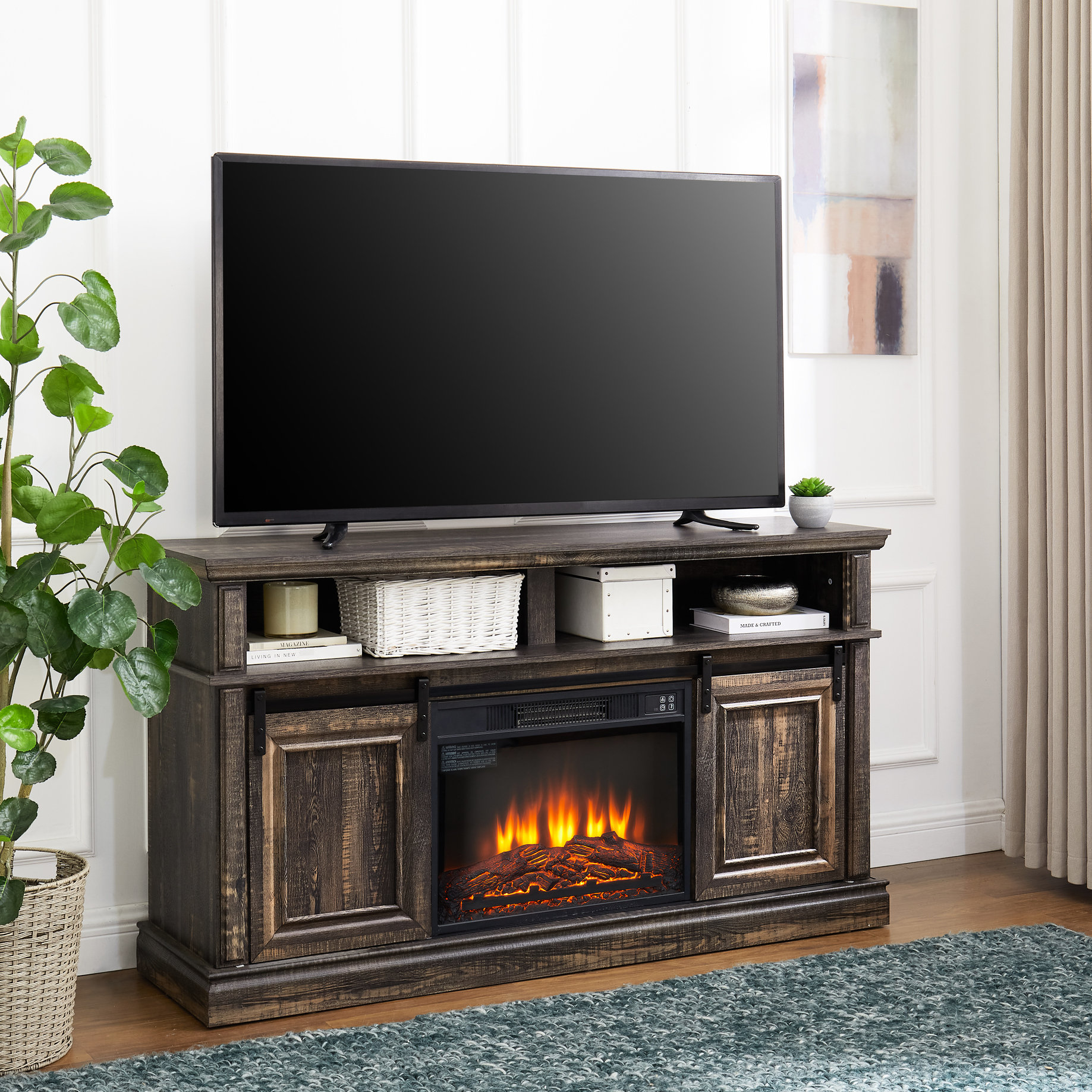 August Grove® Tv Fit Stand With 23" Fireplace, Antique Brown, 4 Cable ...