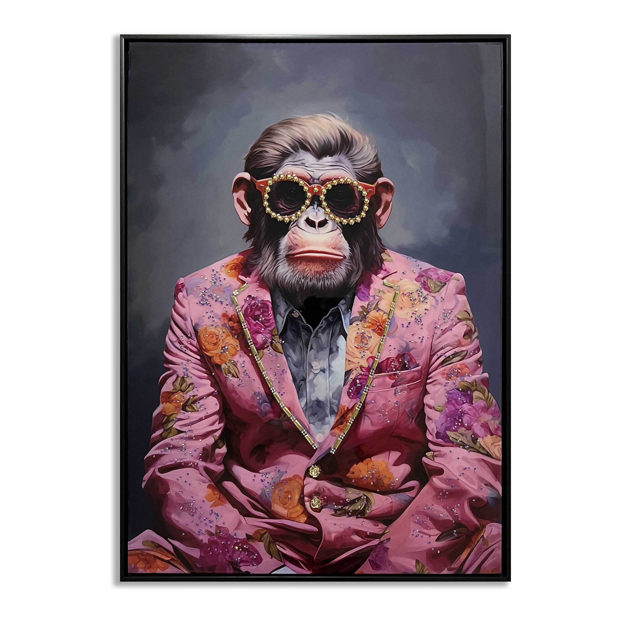 Trinx Pink Suit Chimp Canvas Wall Art - 21" x 29" - Black Frame | Wayfair