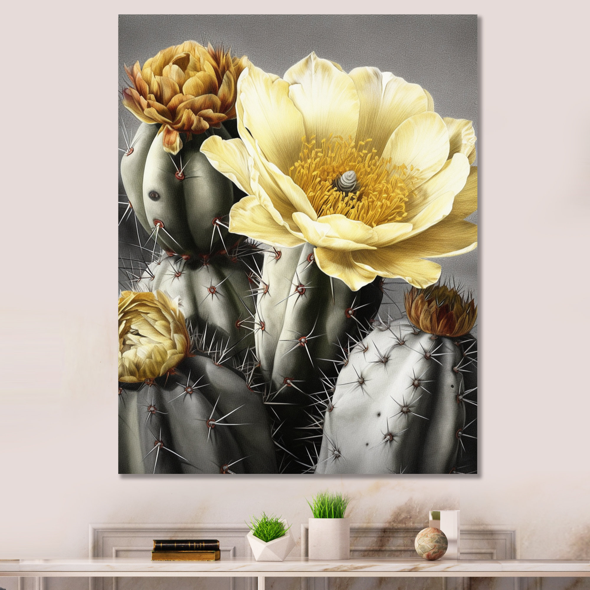 Bungalow Rose Yellow Green Cactus Flower IV - Floral Cactus Canvas Art ...