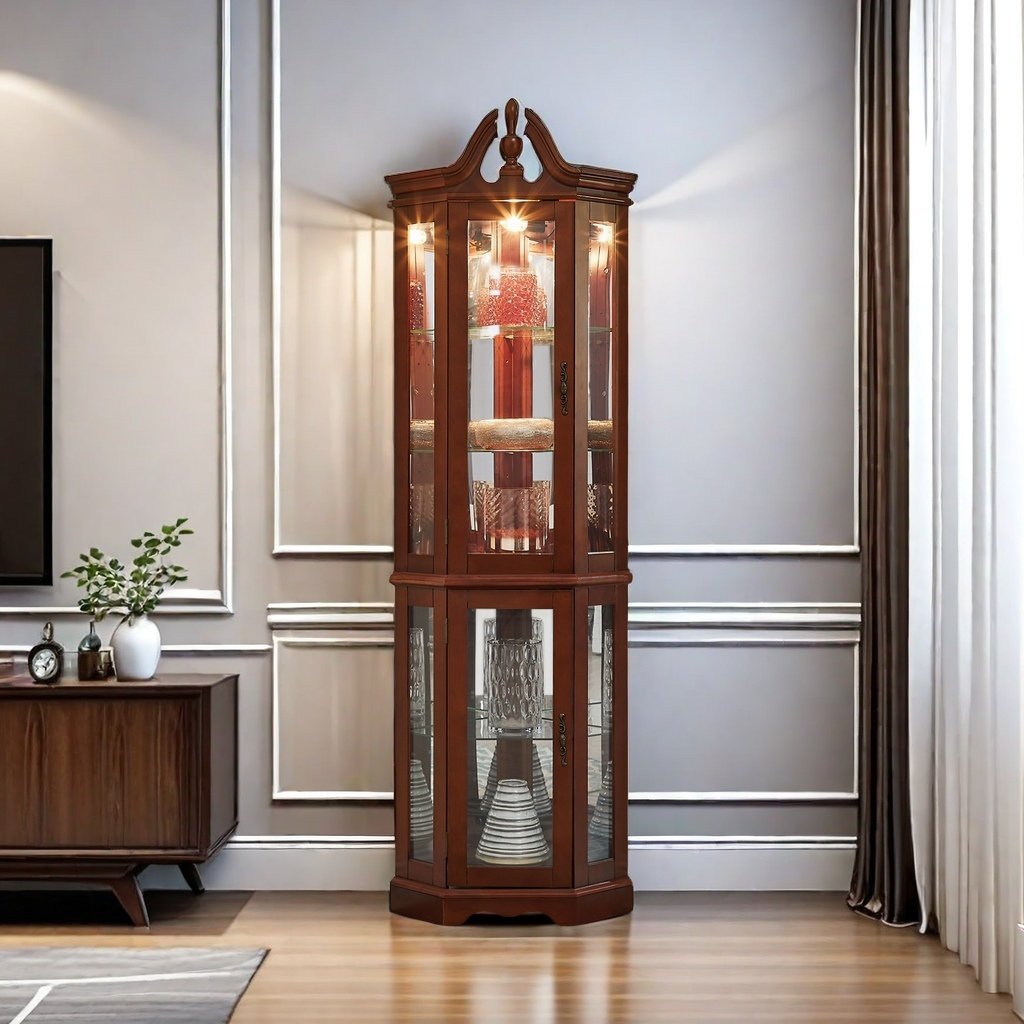 Winston Porter Walnut Corner Curio Cabinet With Lights, Adjustable ...