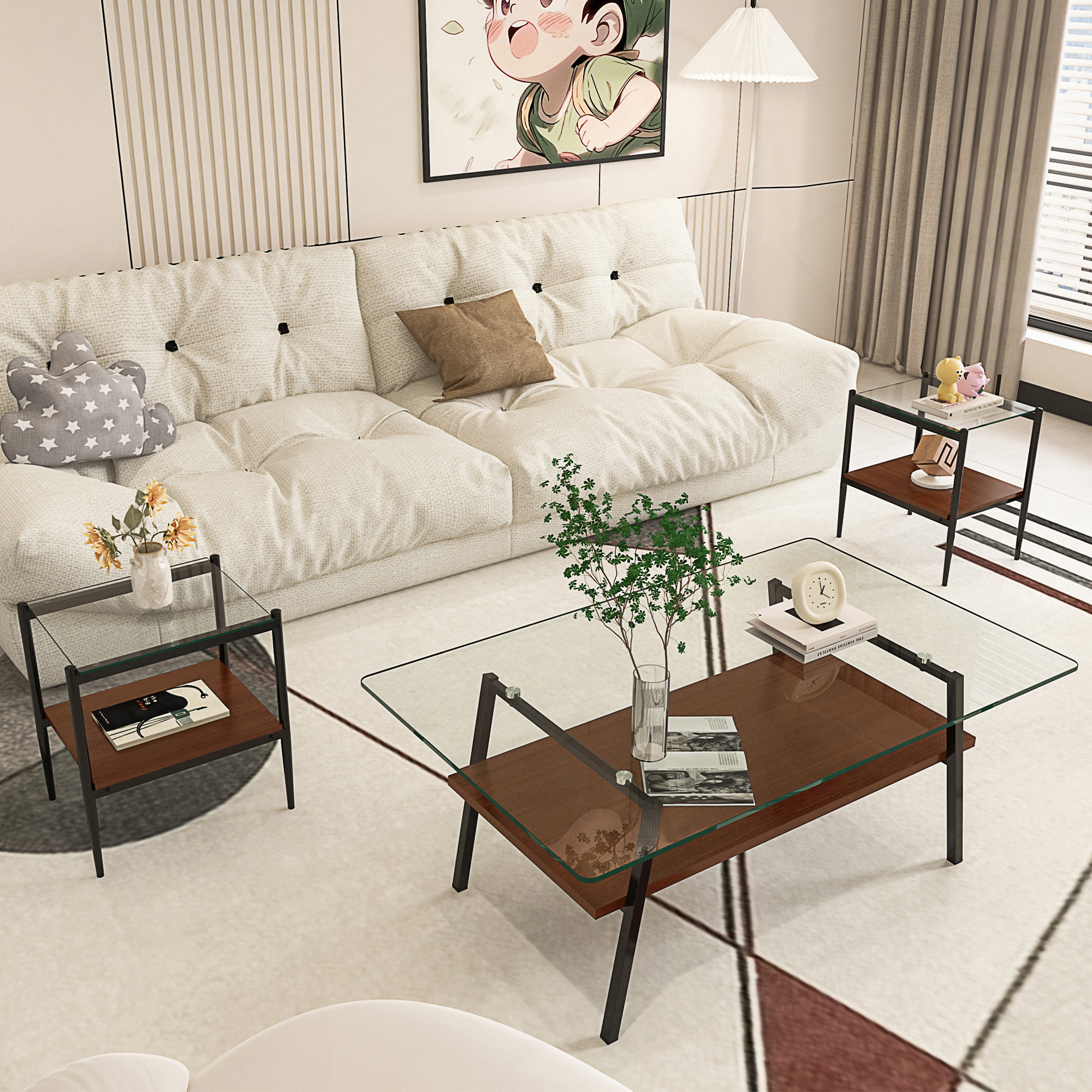 Latitude Run® Coffee Table And End Tables Set Of 3, Tempered Glass ...