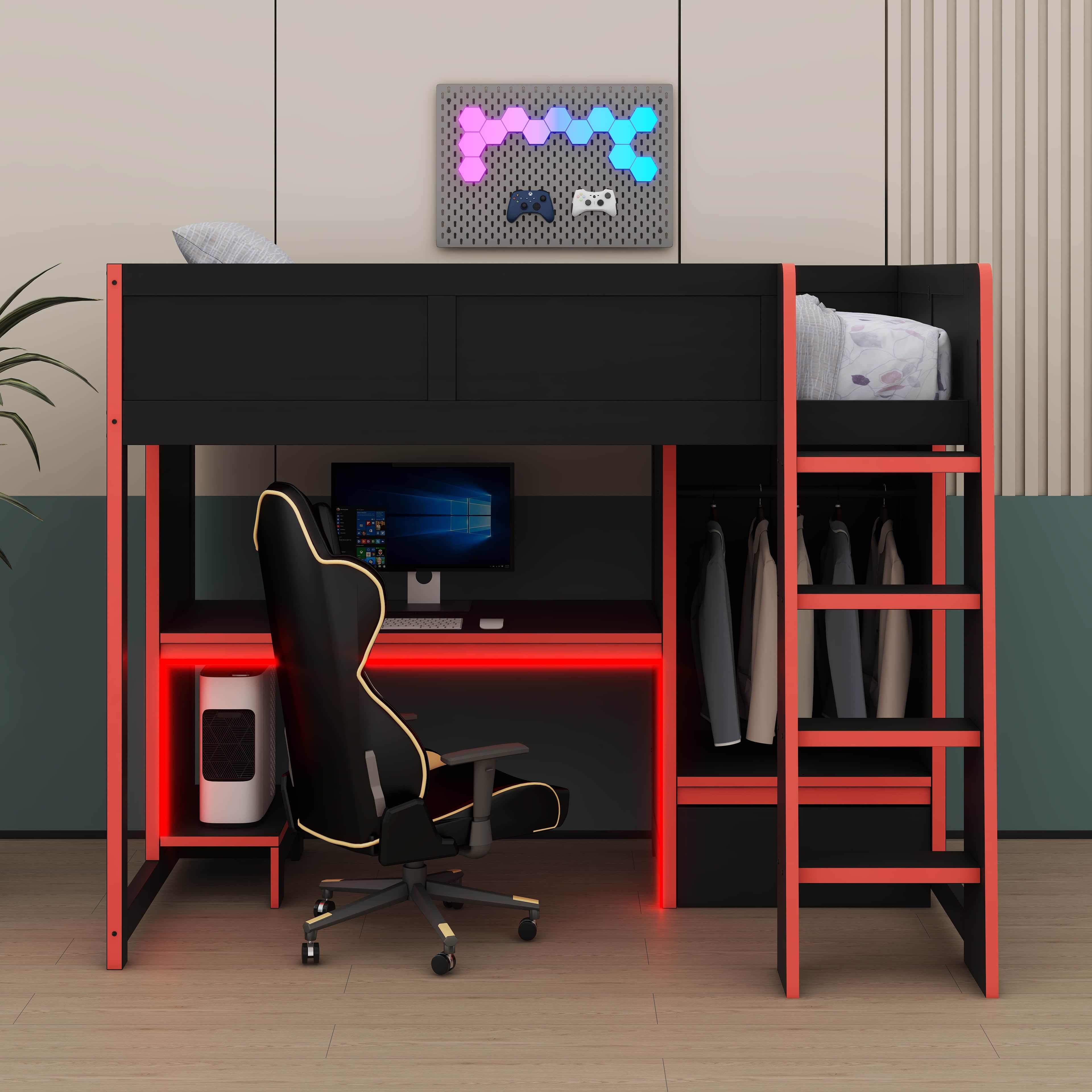 Harriet Bee Wooden Gaming Loft Bed Integrated With A Built-In ...