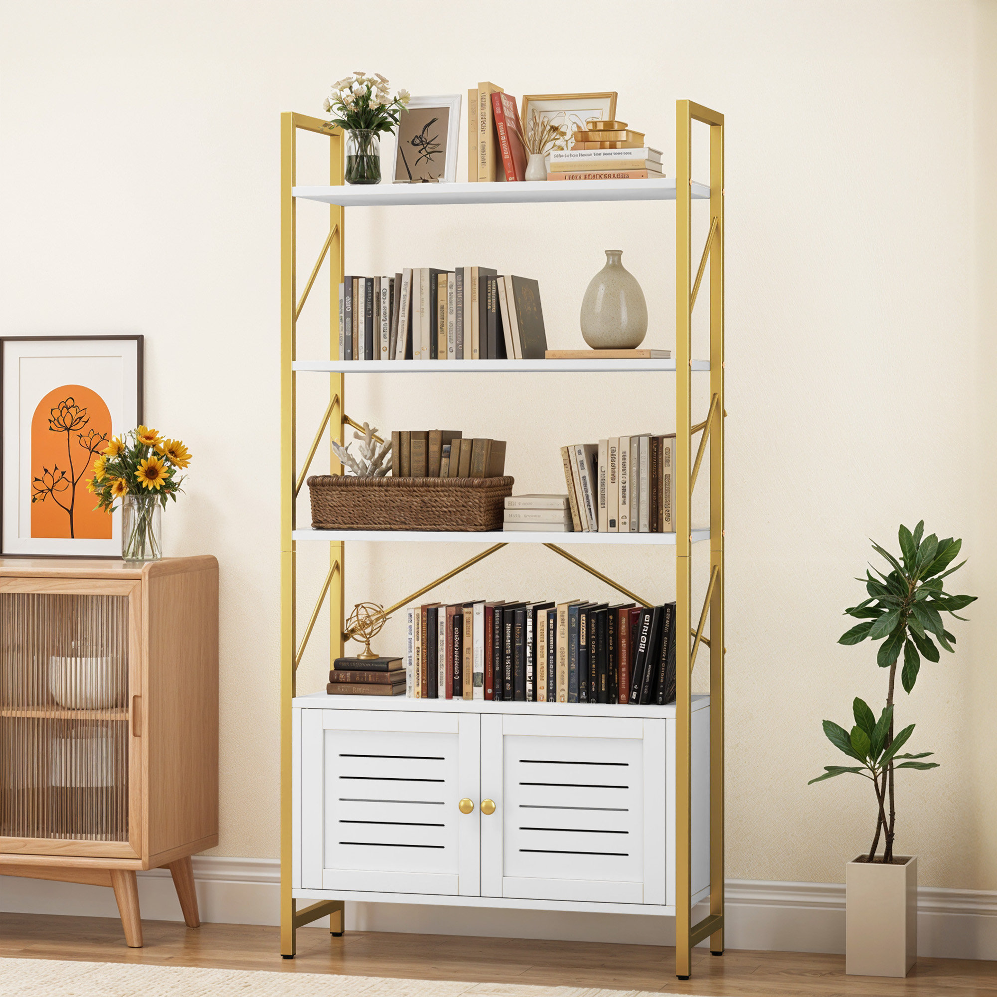 Wade Logan® Braegha 64"H Wood Standard Storage Bookcase with Cabinet 5 ...