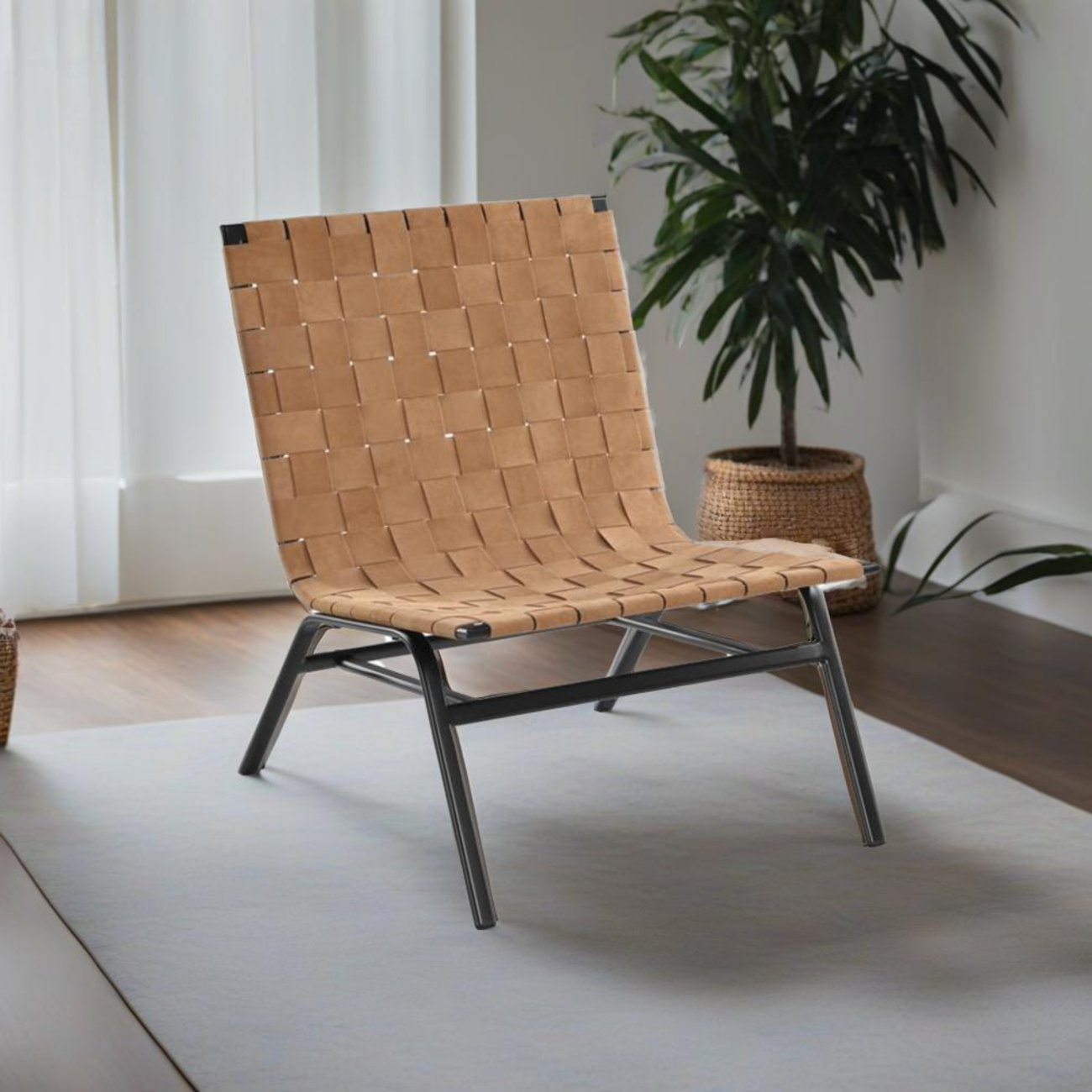 Bayou Breeze Camden Woven Brown Leather Accent Chair | Wayfair