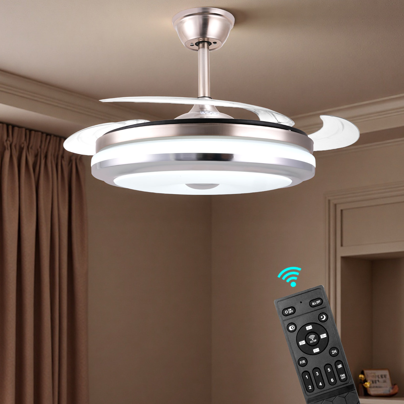 Ivy Bronx Invisible Ceiling Fan Remote Control Retractable Clear Blades ...