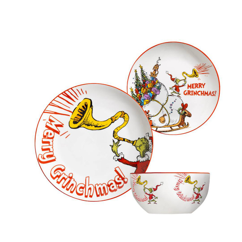 The Grinch Merry Ghmas 12-Piece White Porcelain Dinner Set with Printed ...