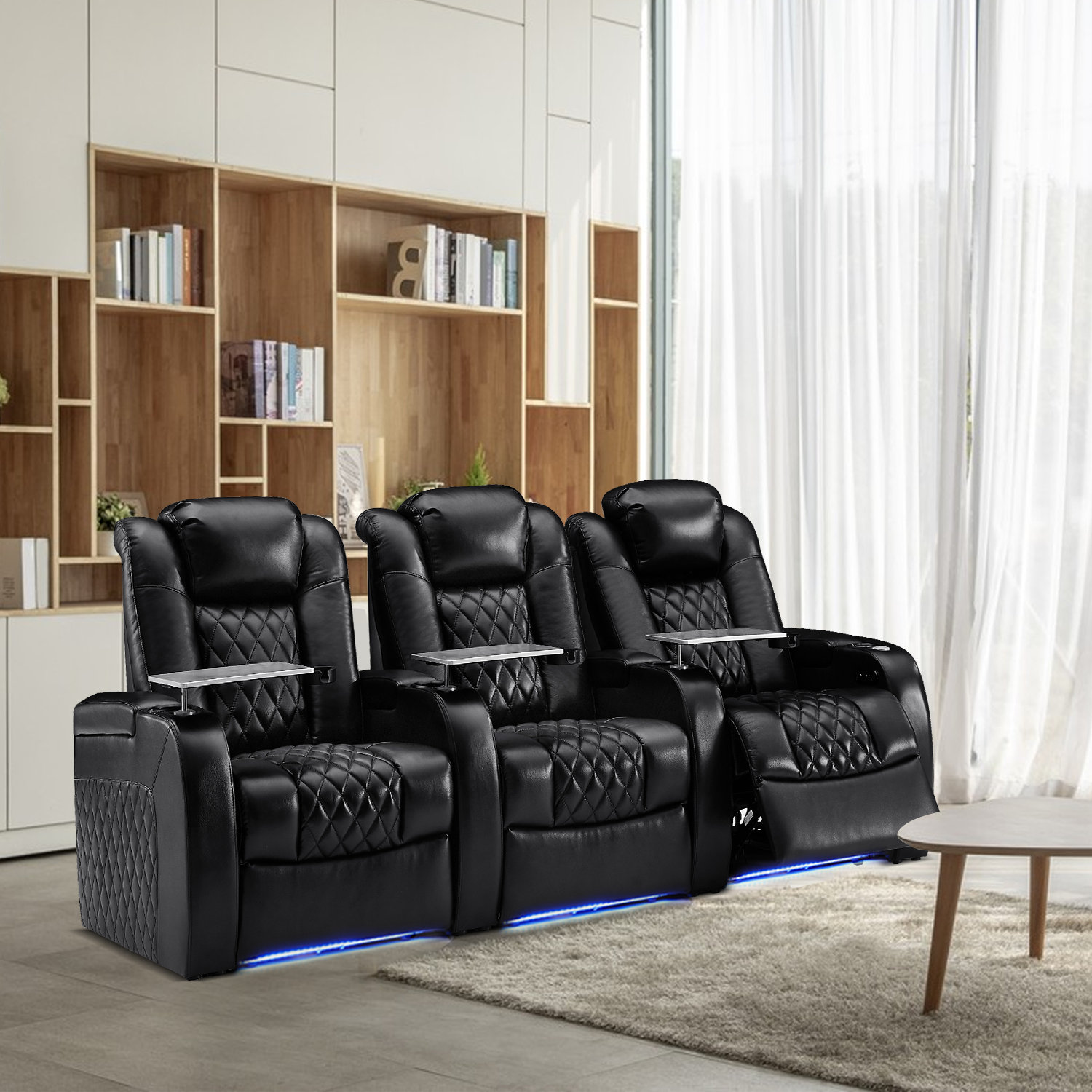 Weilianda 3 Seater 94" Wide Leather Power Recliner Home Theater with ...