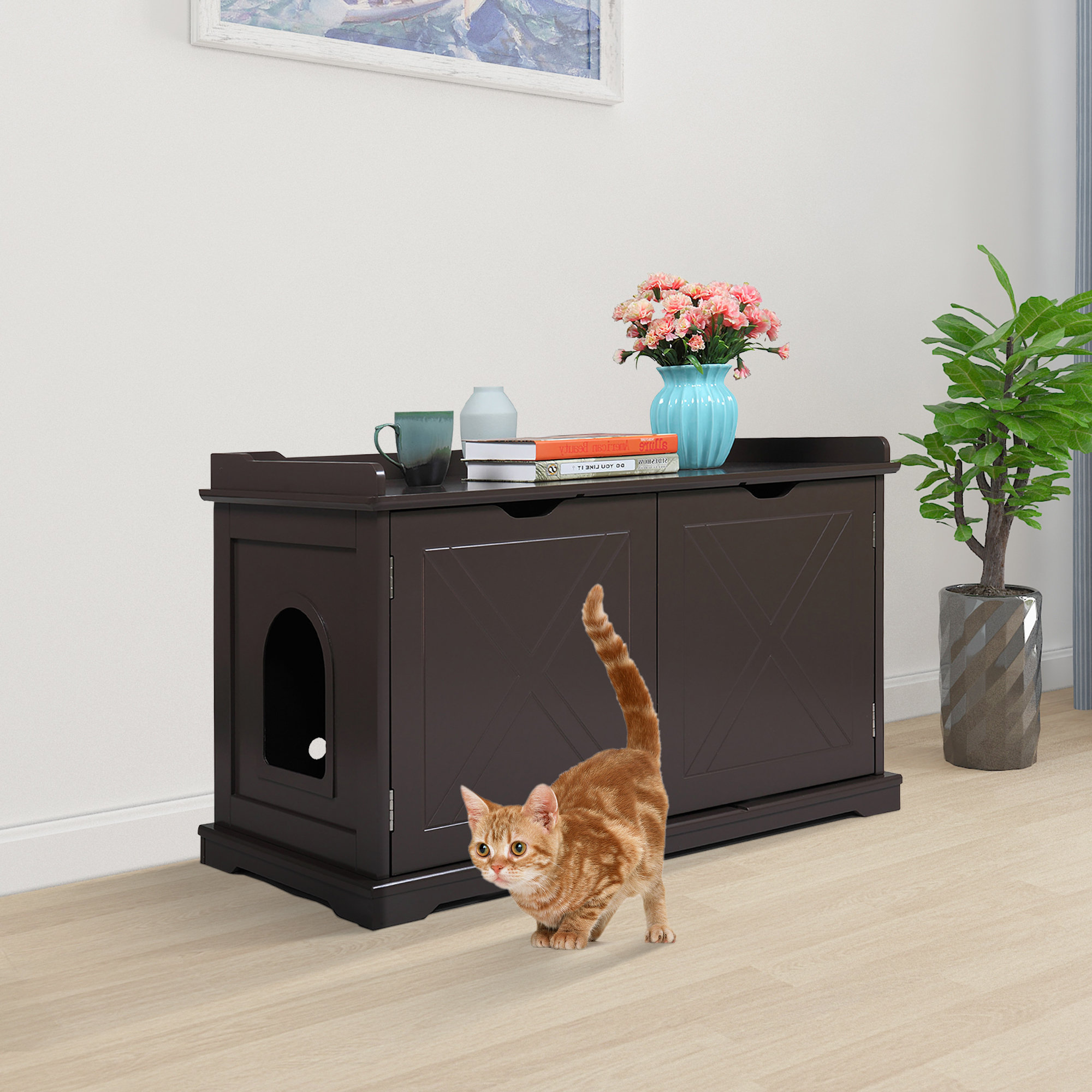 NexFoto Cat Washroom Bench, Wood Litter Box Cover with Spacious Inner ...