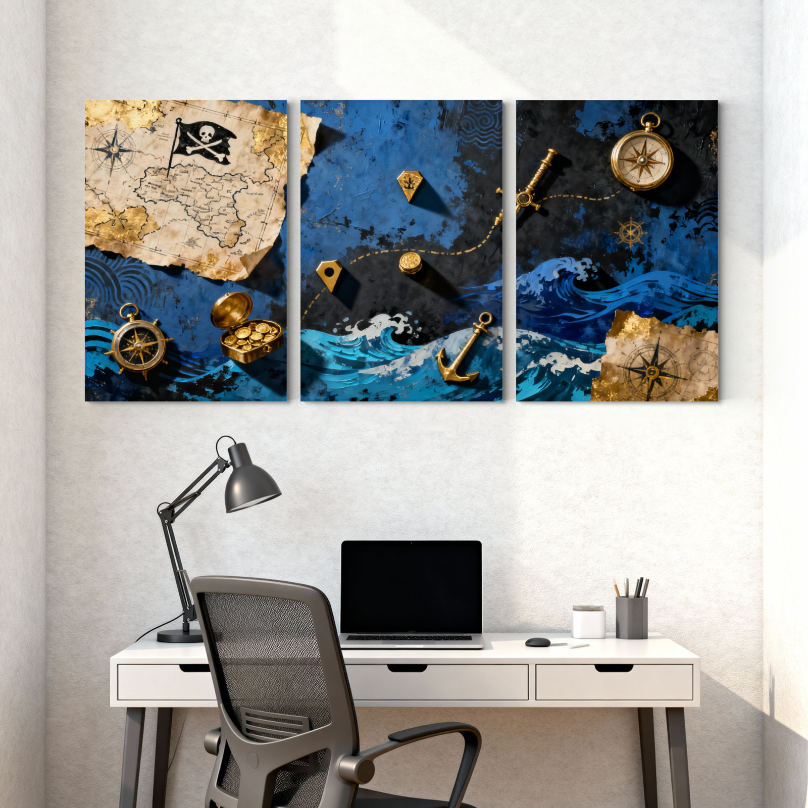 Breakwater Bay Pirate Map Compass Treasure Anchor Waves Gold Set of 3 ...