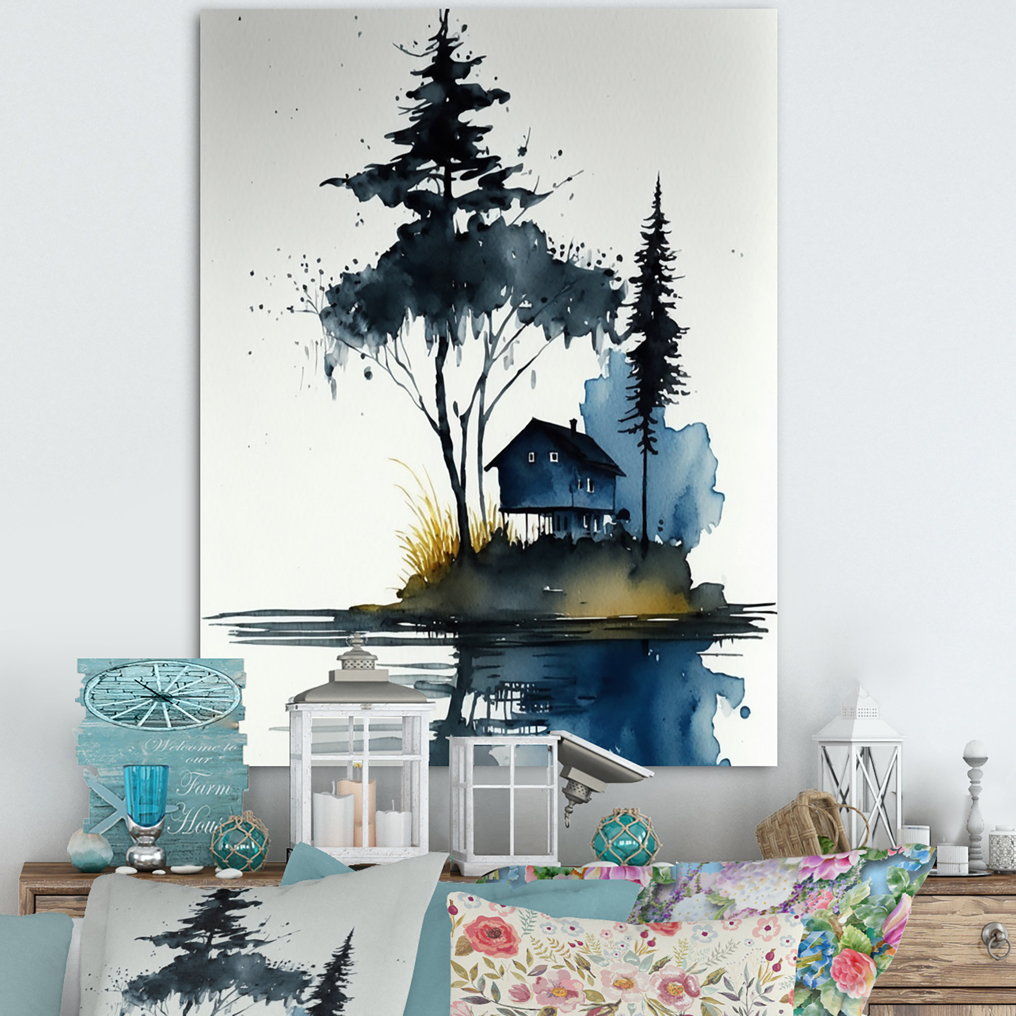 Winston Porter Blue Watercolor Tree by a Little Countryhouse II - Print ...