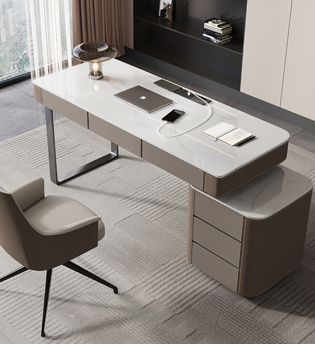 EliteFurnishings White + Gray Rectangular Sintered Stone desks | Wayfair