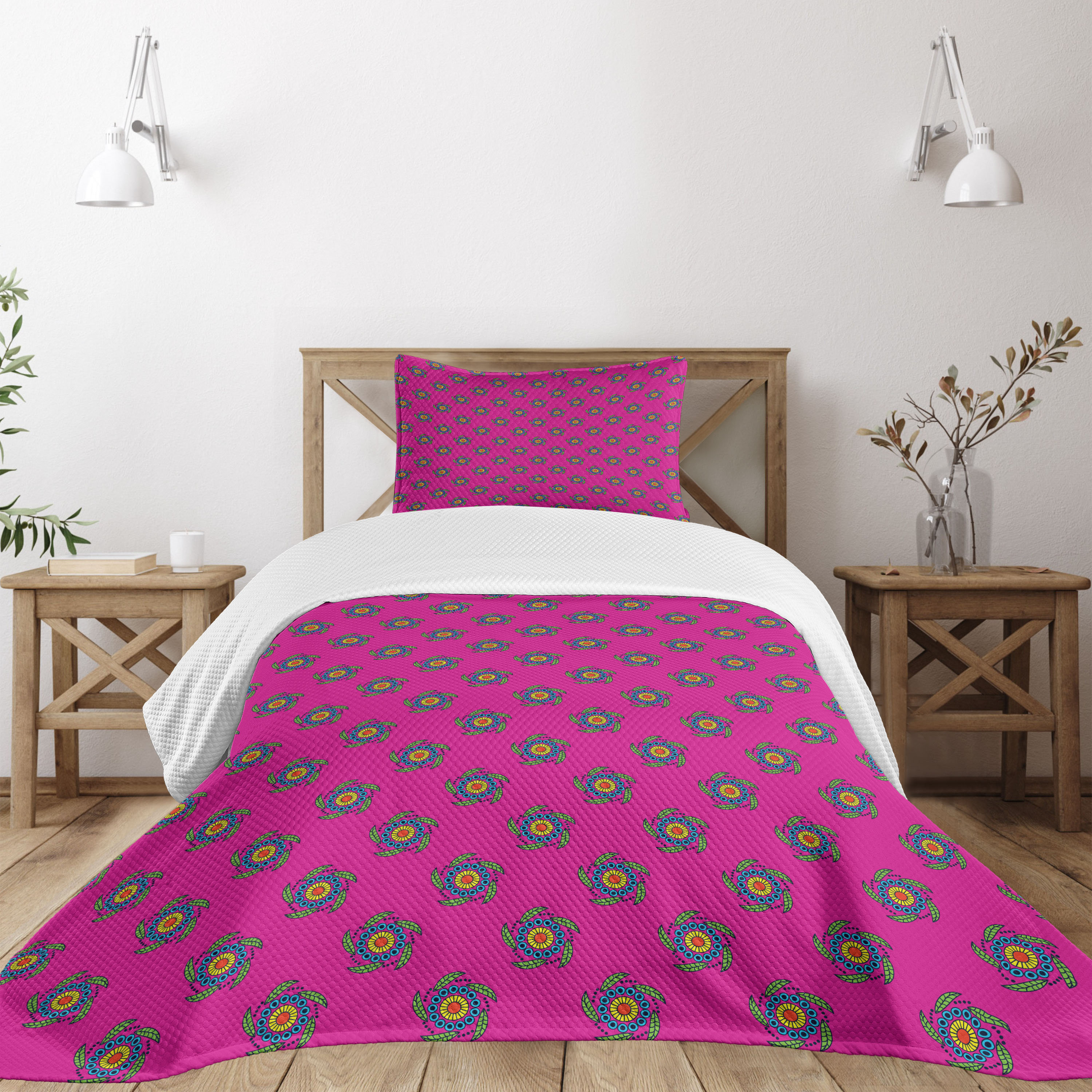 Ambesonne Hot Pink Bedspread Set Windmill Seem Flowers Hot Pink Green ...