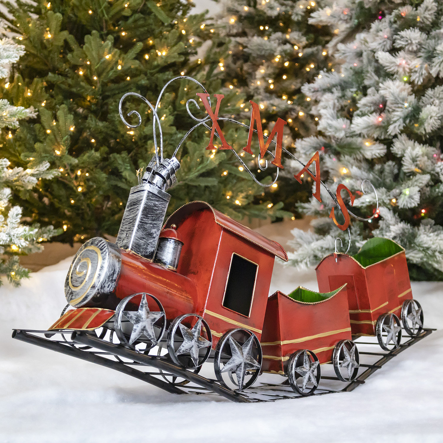 The Holiday Aisle® Metal Train with 2 Carts on Track X-M-A-S | Wayfair