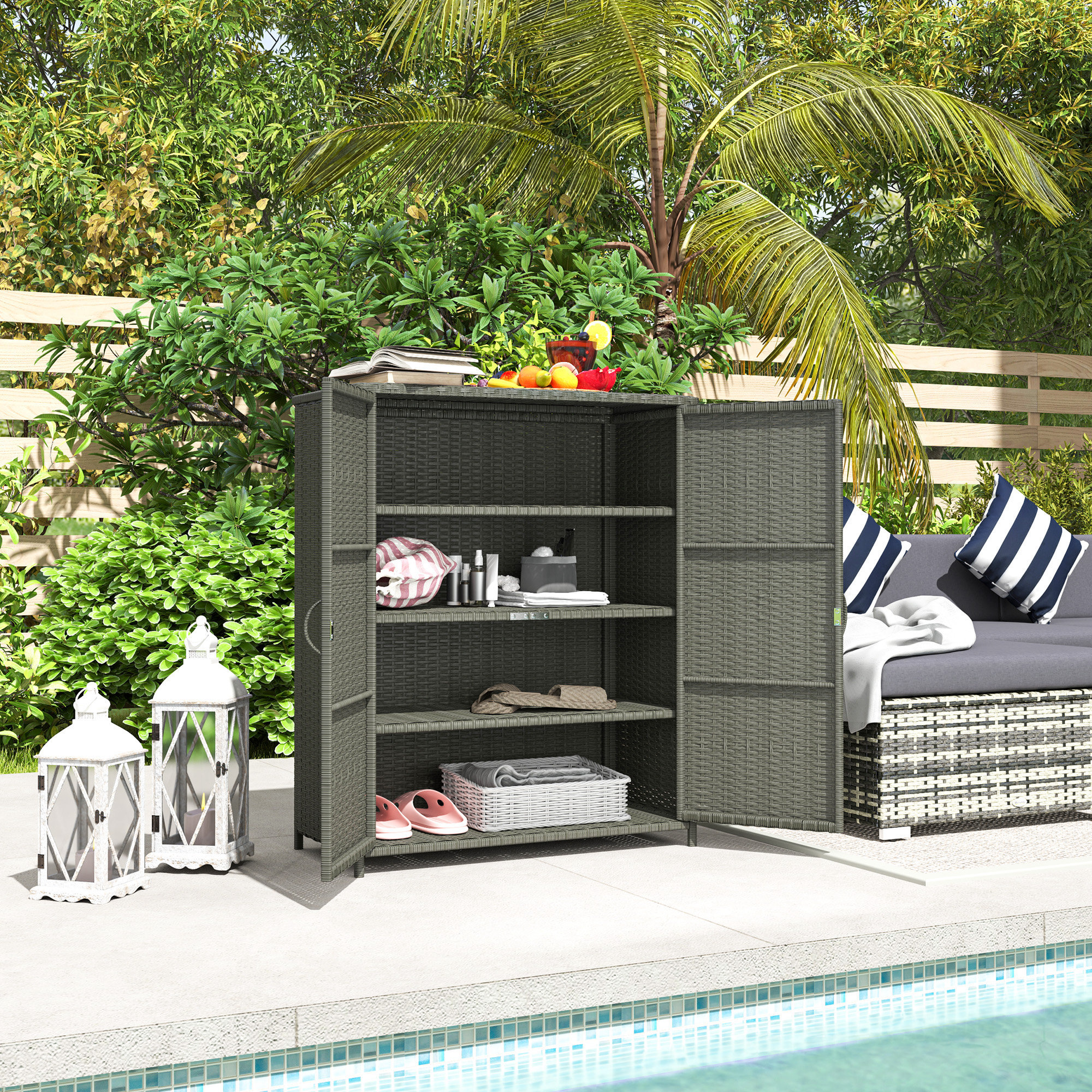 Outsunny Wicker Outdoor Storage Cabinet with Shelves, 4-Shelf Outdoor ...