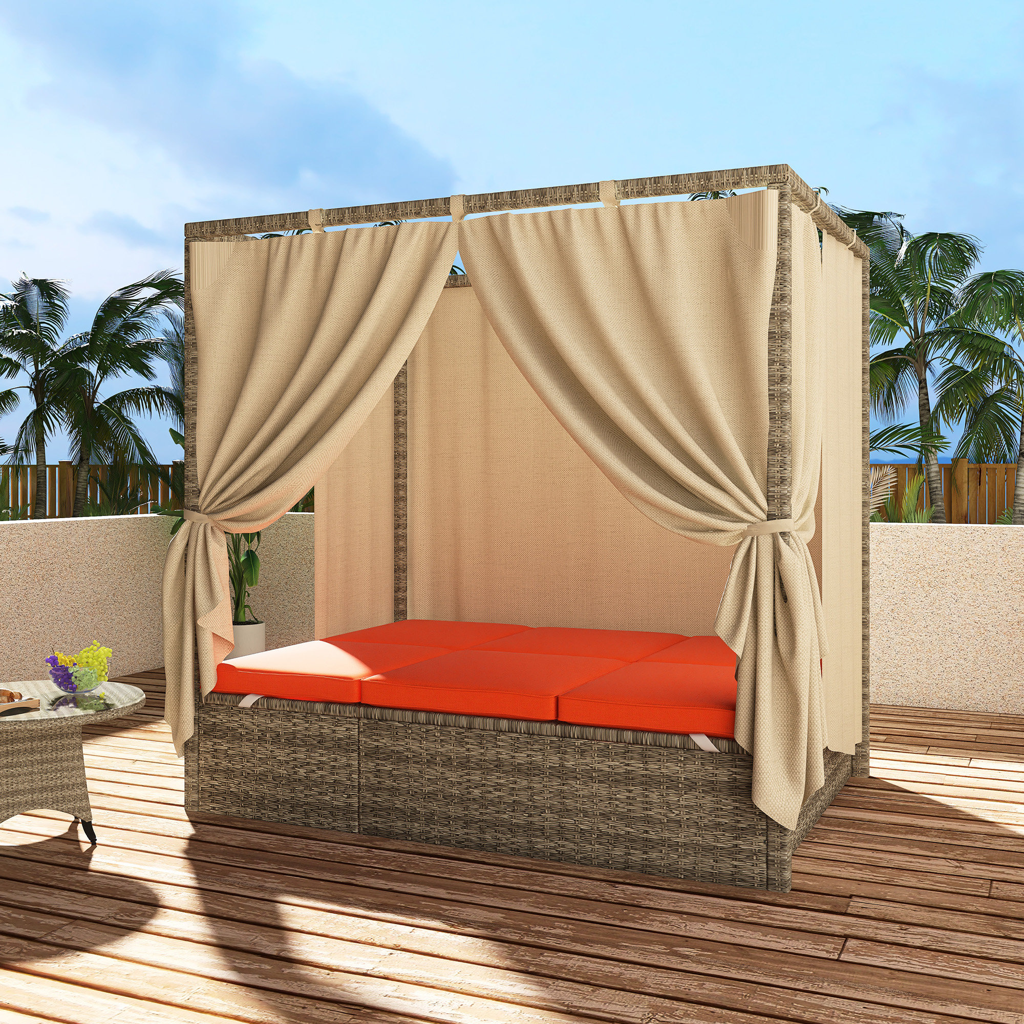 Latitude Run® Patio Wicker Adjustable Sun Bed With Curtain | Wayfair