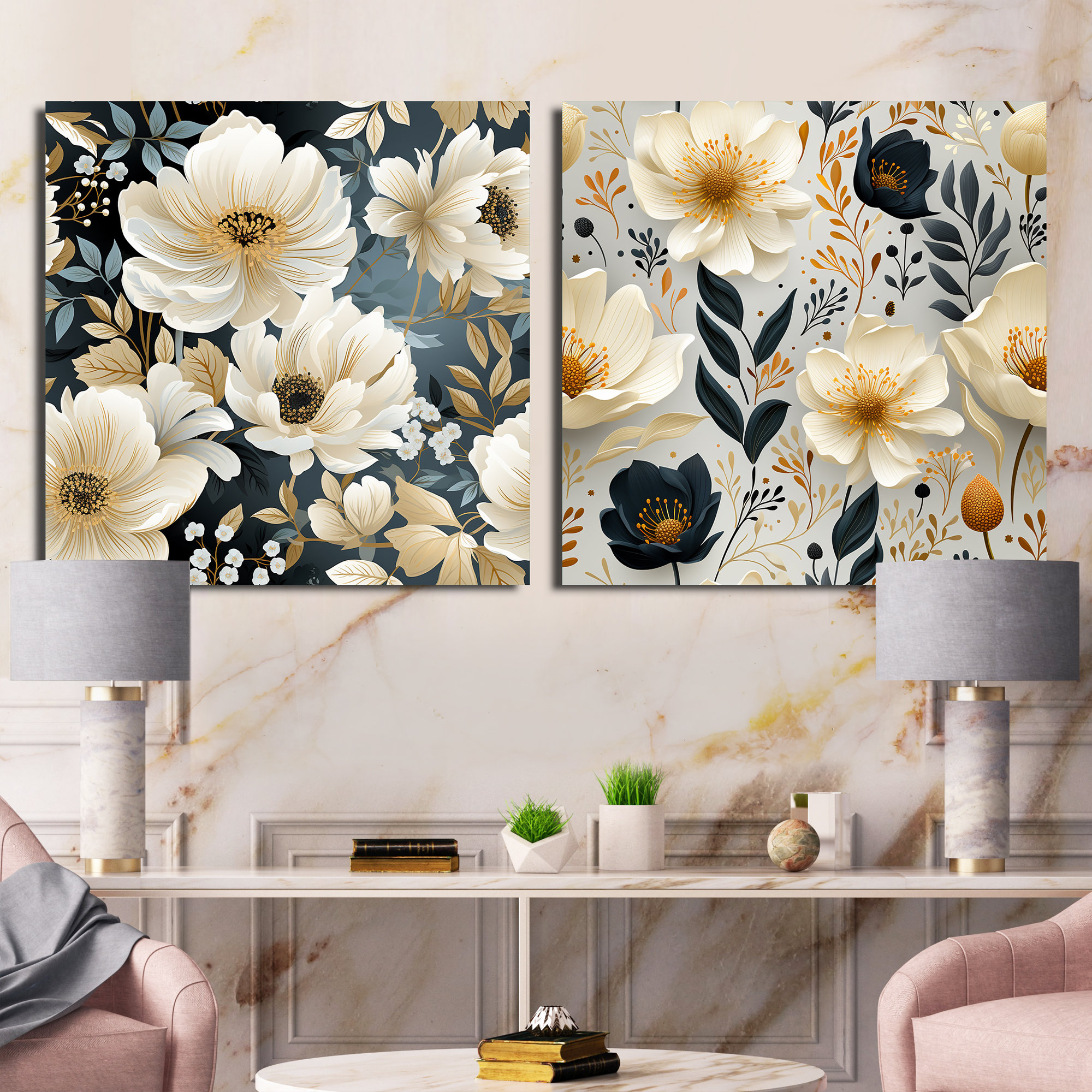 Design Art White Begonia Botanicals Collage - Floral Square Collage Set ...