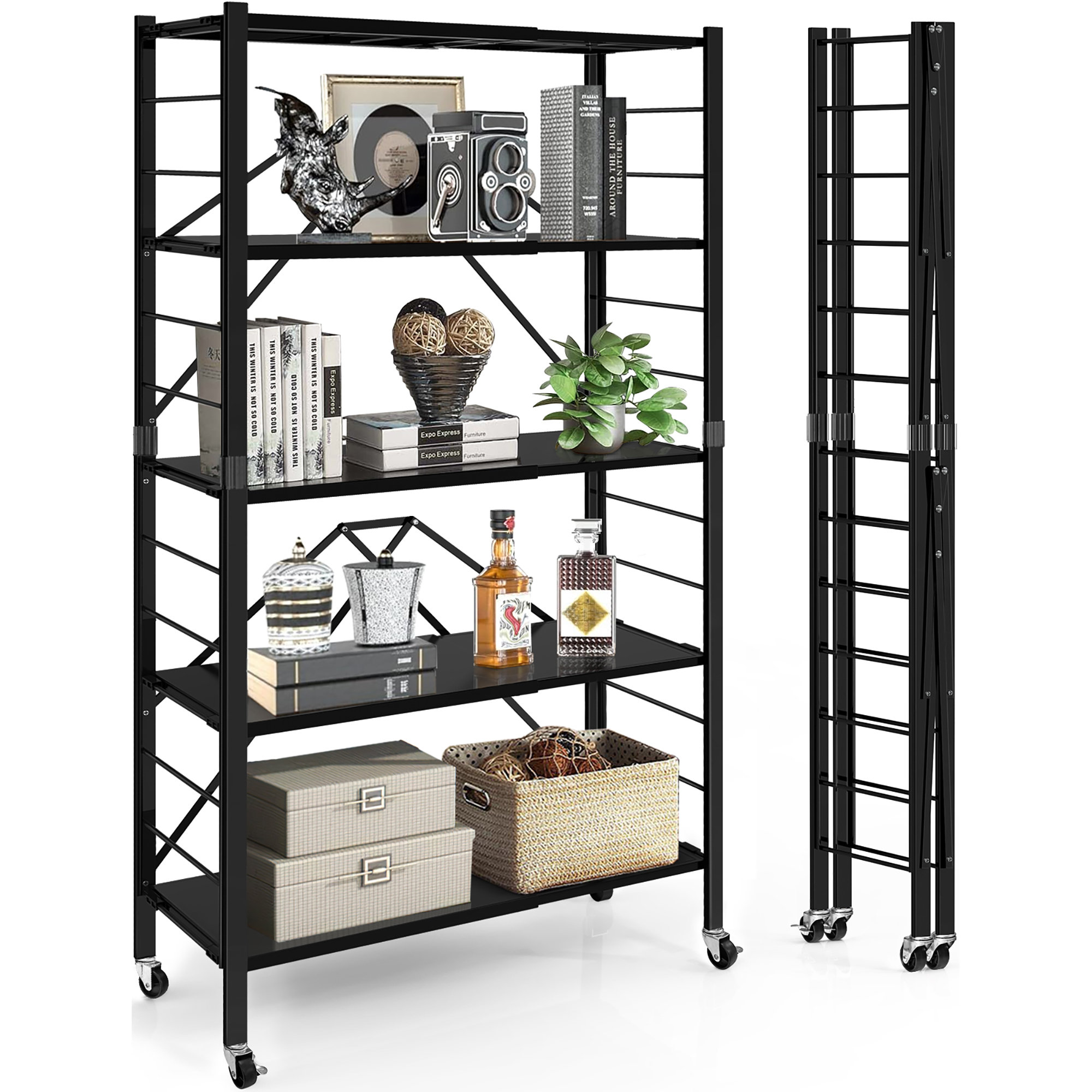 17 Stories 5 Tier Foldable Storage Shelves With Wheels, Changeable Into ...