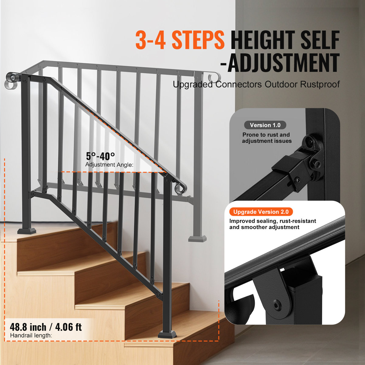 VEVOR 3-4 Step Handrails for Outdoor for Seniors Porch Deck Black Retro ...