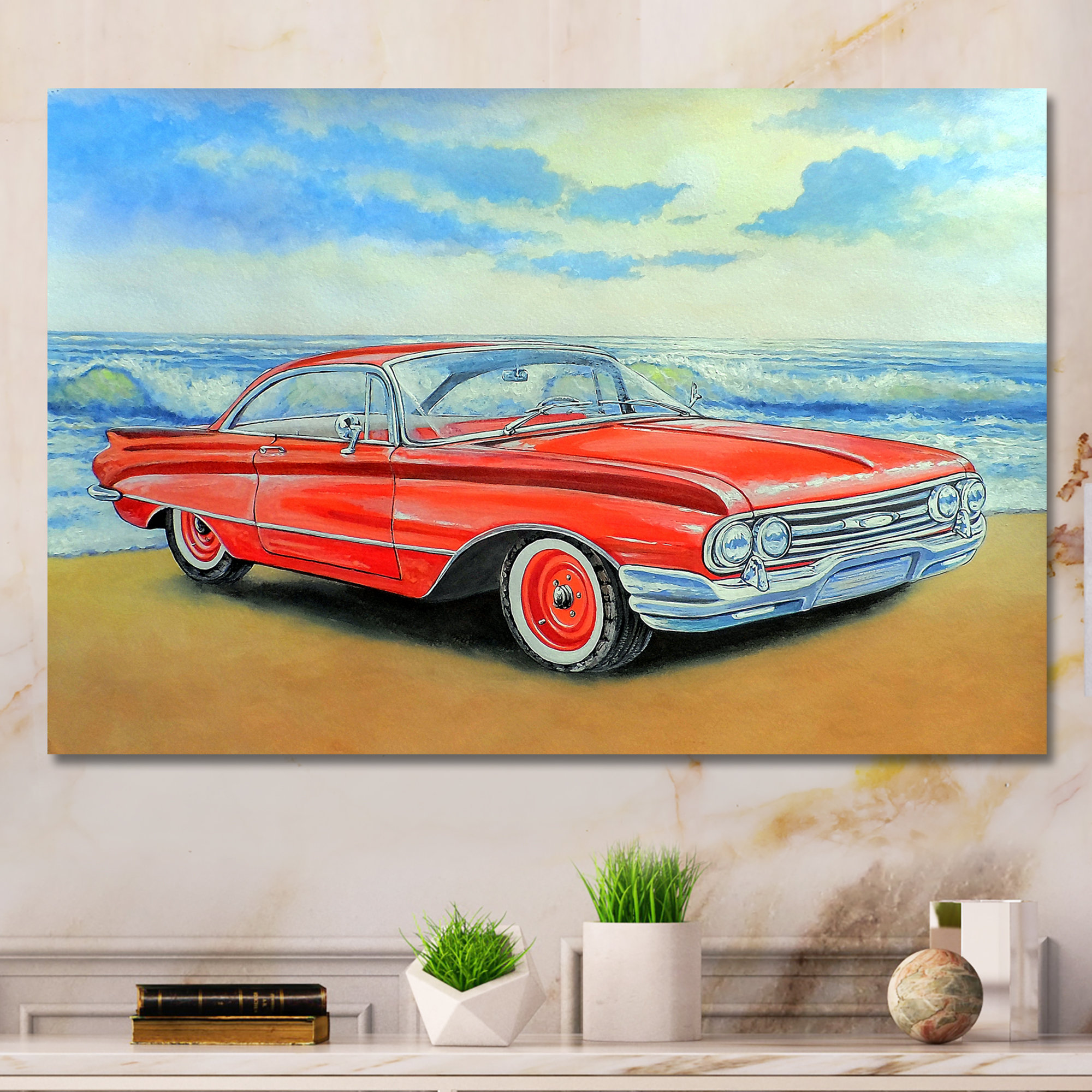 Highland Dunes Red Retro Convertible Car - Picture Frame Print on ...