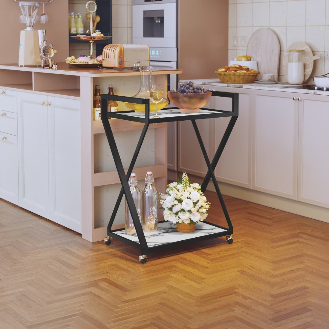 Wrought Studio™ Home Bar Serving Cart 2-Tier Marble Shelves with Wheels ...