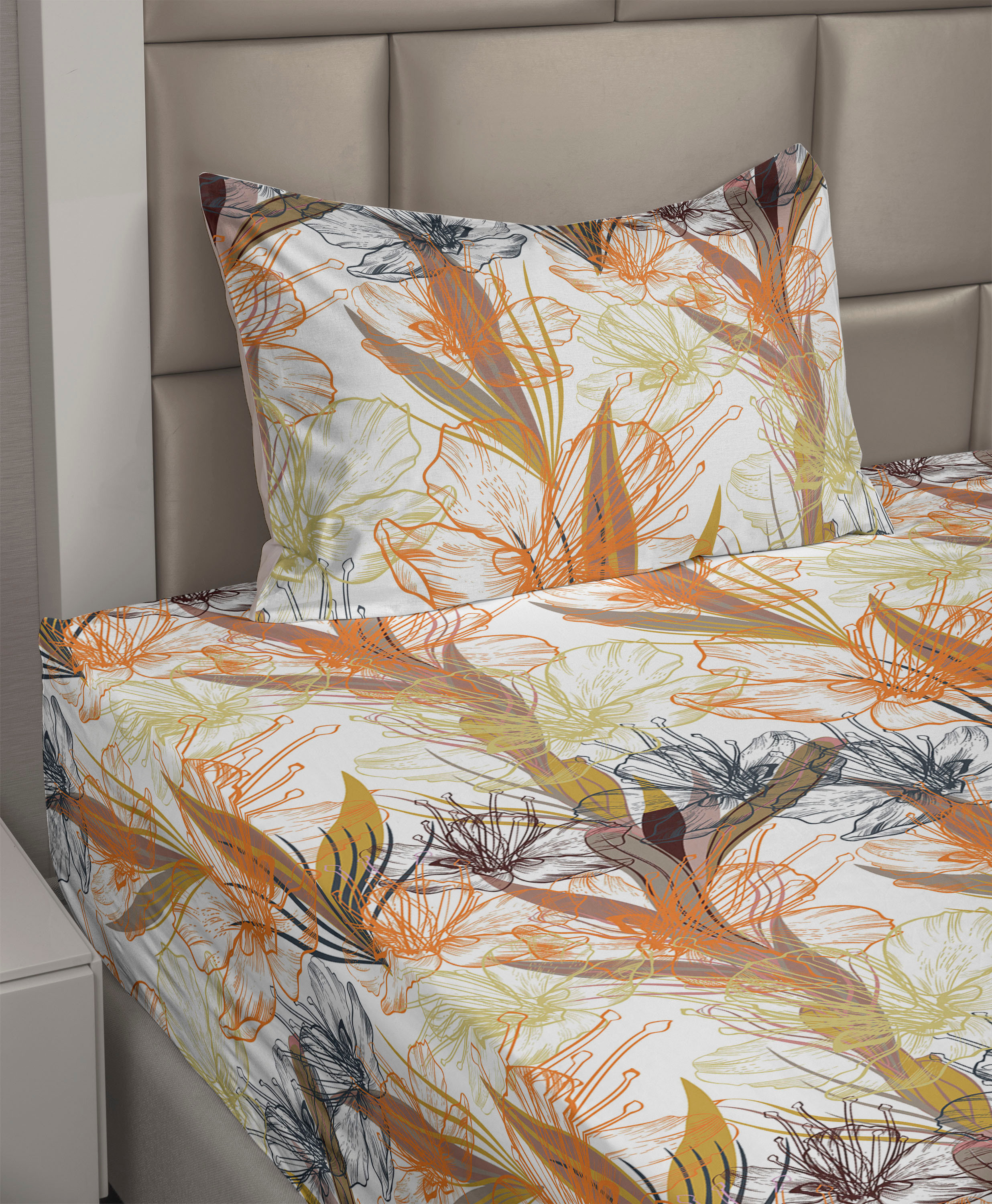 Ambesonne Retro Sheet Set Lily Blossoms and Leaves Art Orange Umber and ...