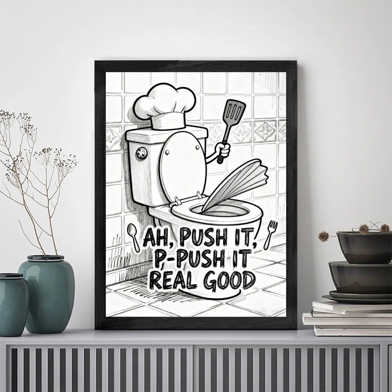 George Oliver Black Framed Retro Chef Toilet Humor Wall Art, Push It ...