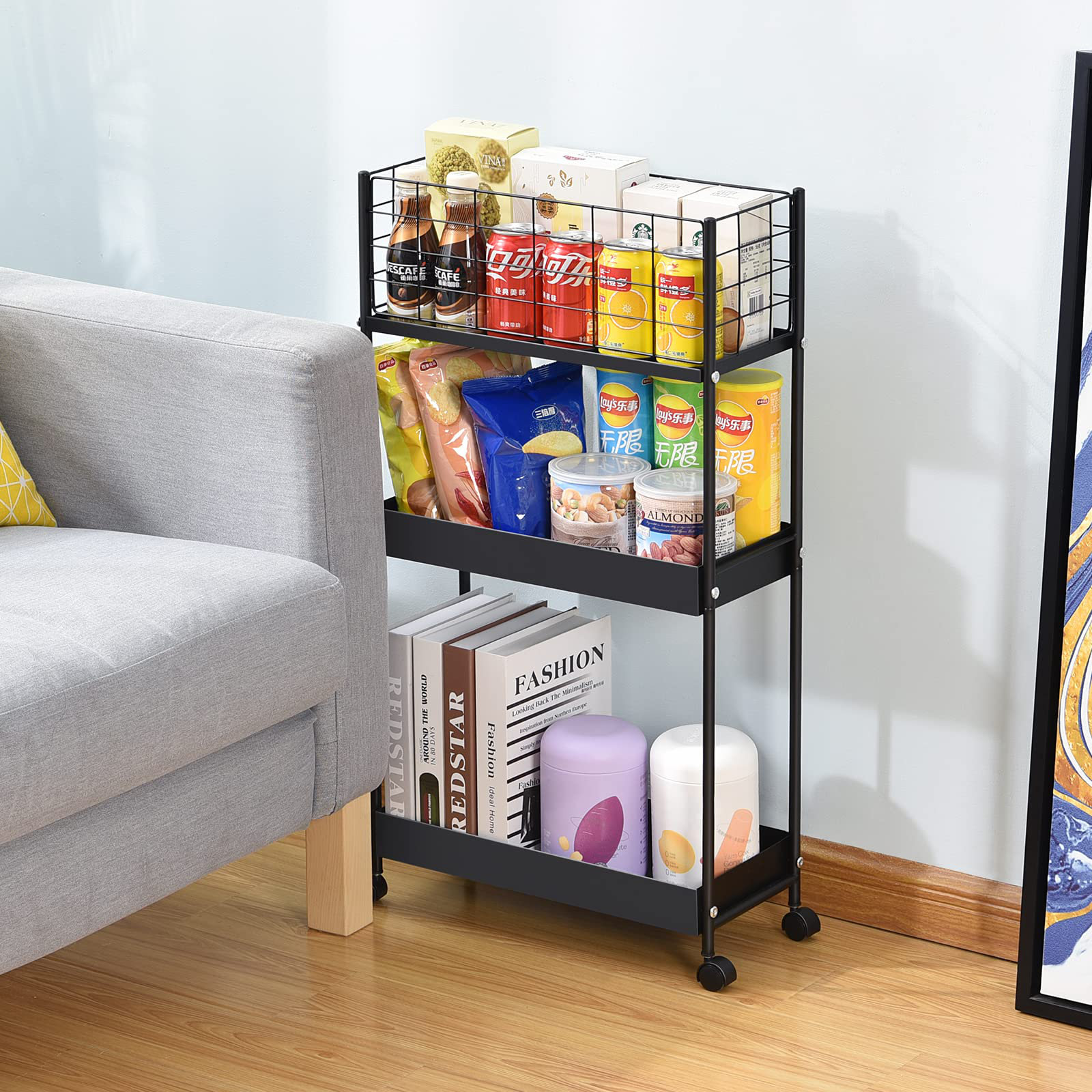 KINGRACK 3-Tier Metal Utility Cart, Slim Storage Cart Metal Rolling ...