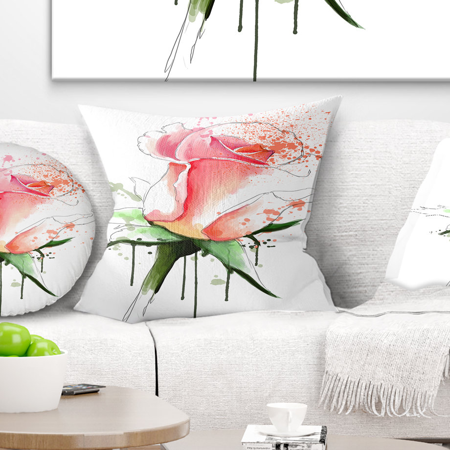 Design Art Pink Rose Sketch with Green Calyx - Floral Printed Throw ...