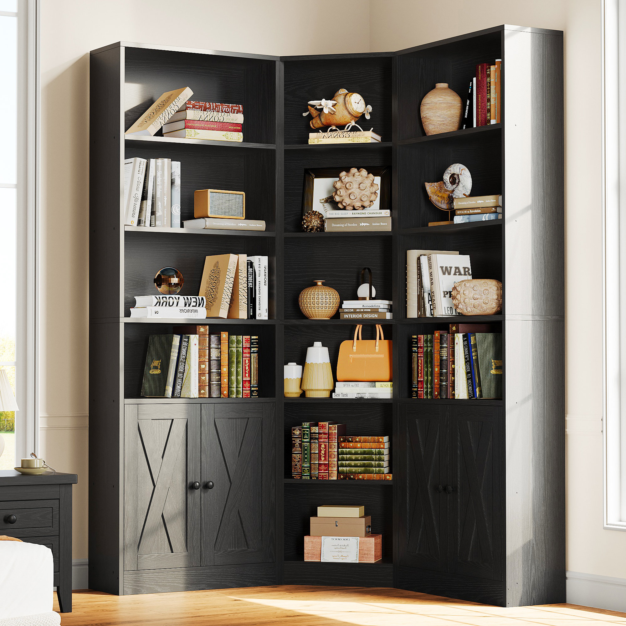 Latitude Run® 7-tiers Large Corner Book Shelf With 2 Doors And Storage ...