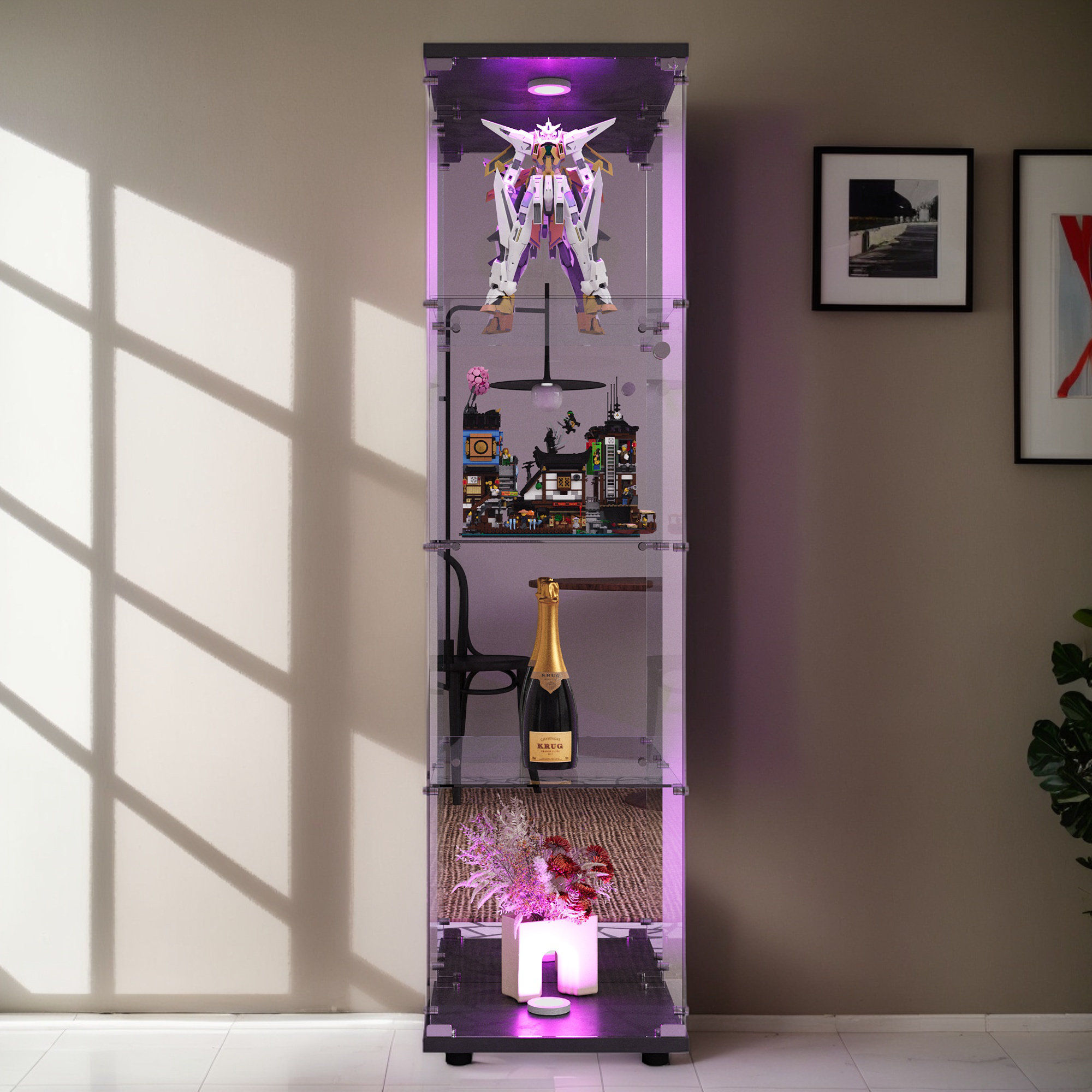 Wrought Studio™ 4-Layer Display Cabinet Modern Glass Showcase With LED ...