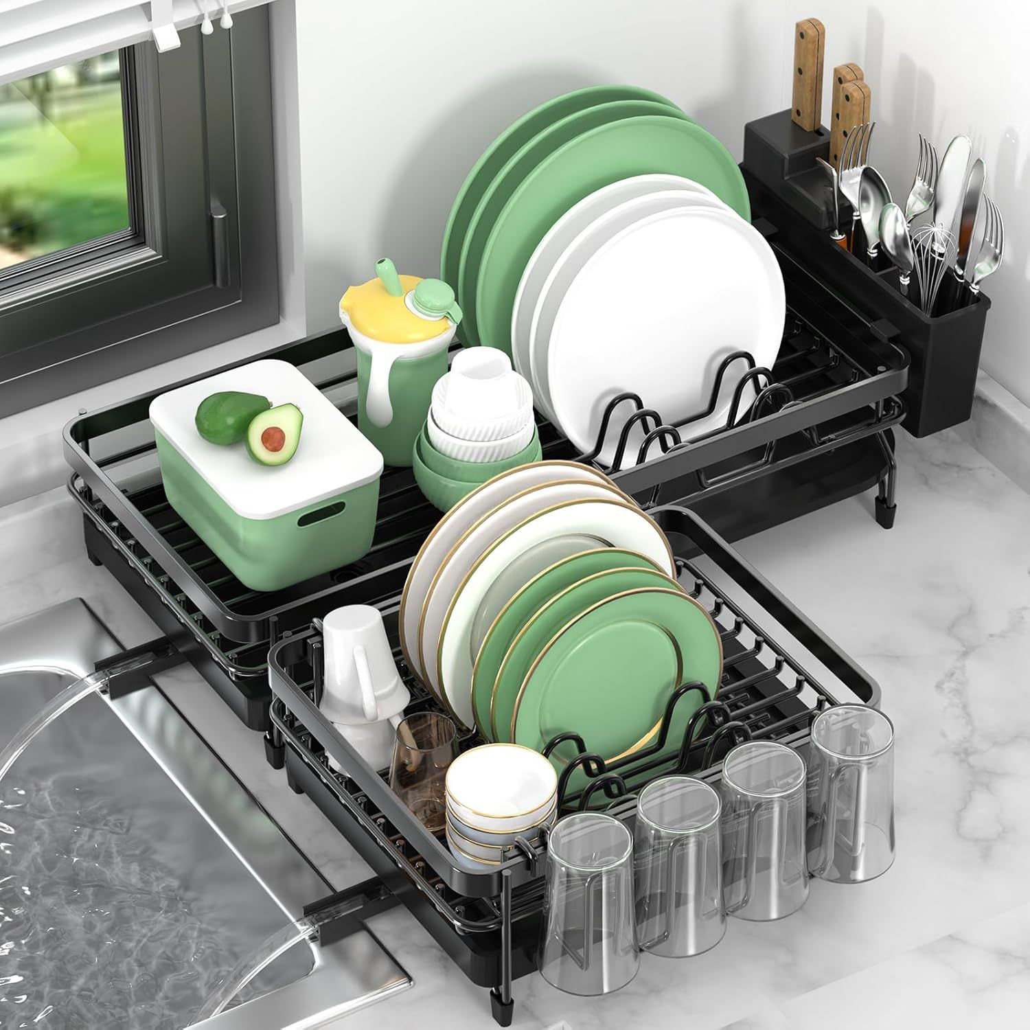 Silodo Extendable Dish Drying Rack, Adjustable Dish Rack with Drainer ...