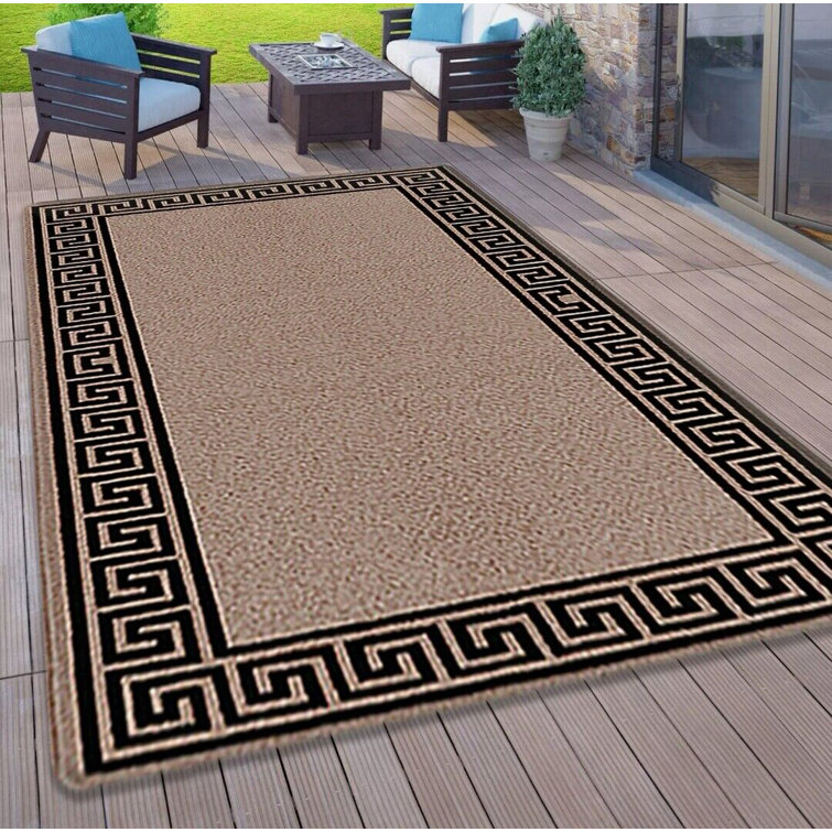 Canora Grey Plain Rug with Greek key Bordered Gel backed Rug Ameah ...