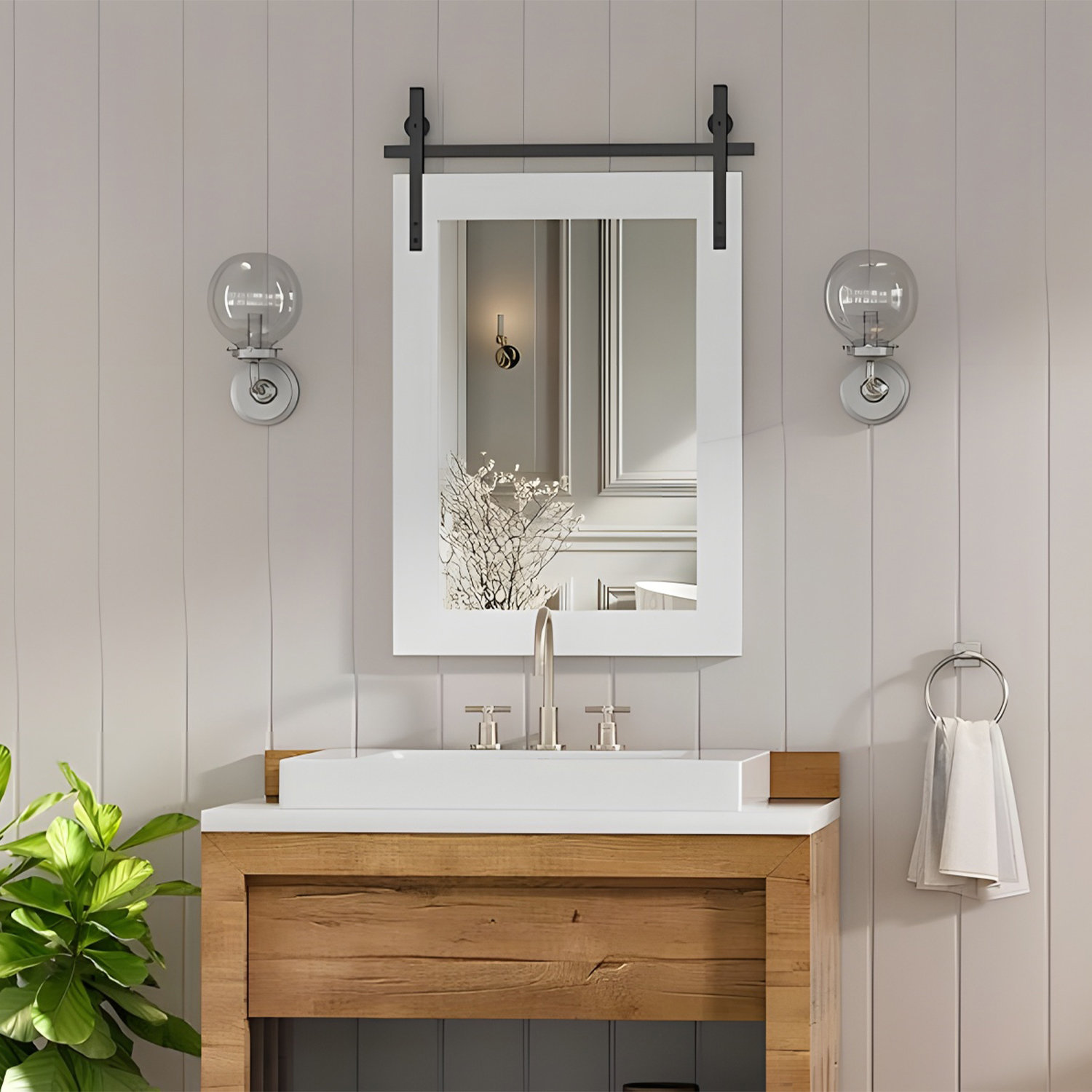 Gracie Oaks Rustic Farmhouse Bathroom Mirror - Wood Framed Wall Mirror ...