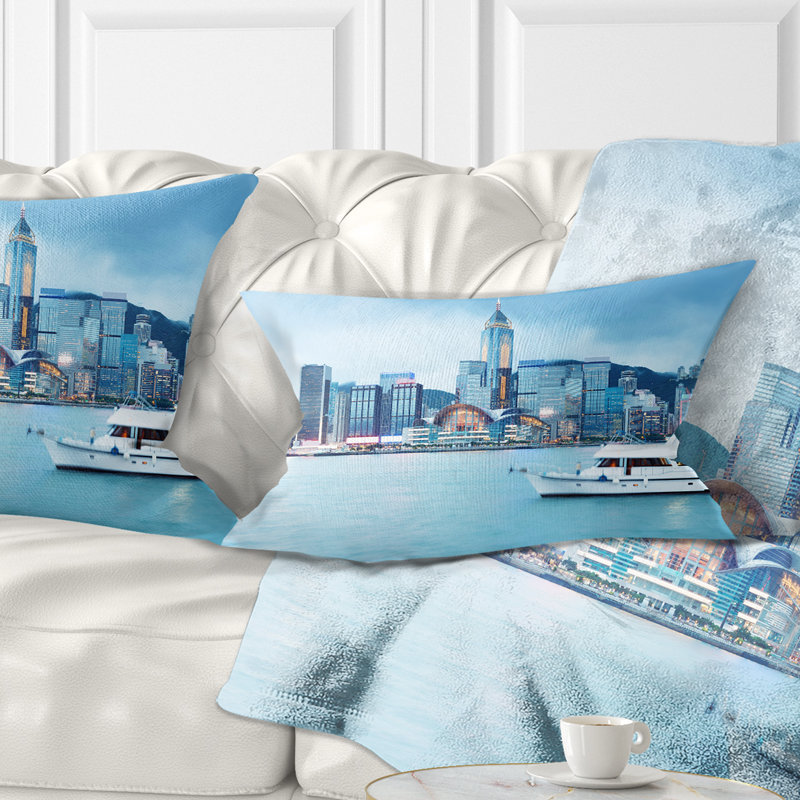 Design Art Hong Kong City at Night - Cityscape Printed Throw Pillow ...
