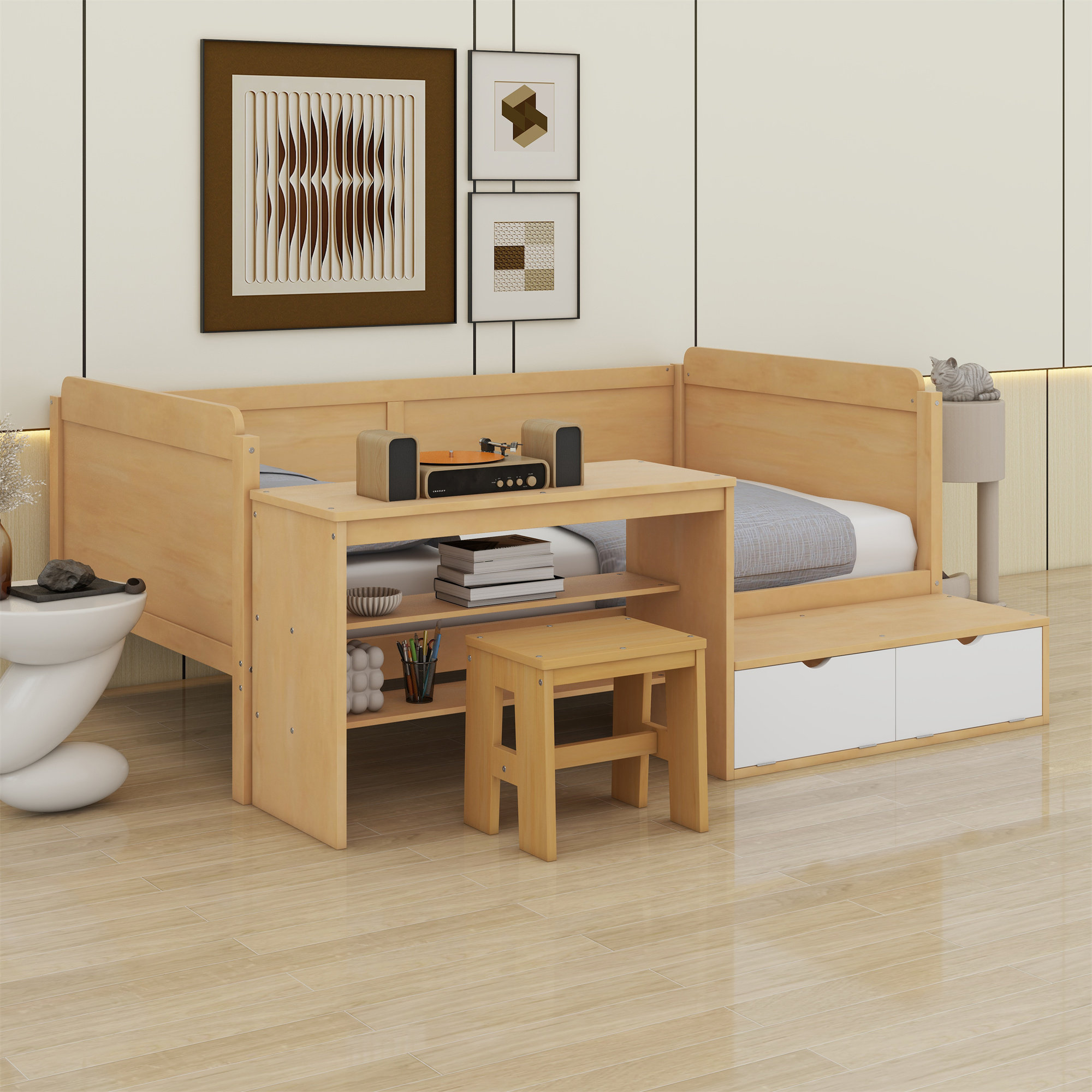 Lark Manor™ Wooden Daybed With Storage Shelves,Lockers,Study Desk And ...