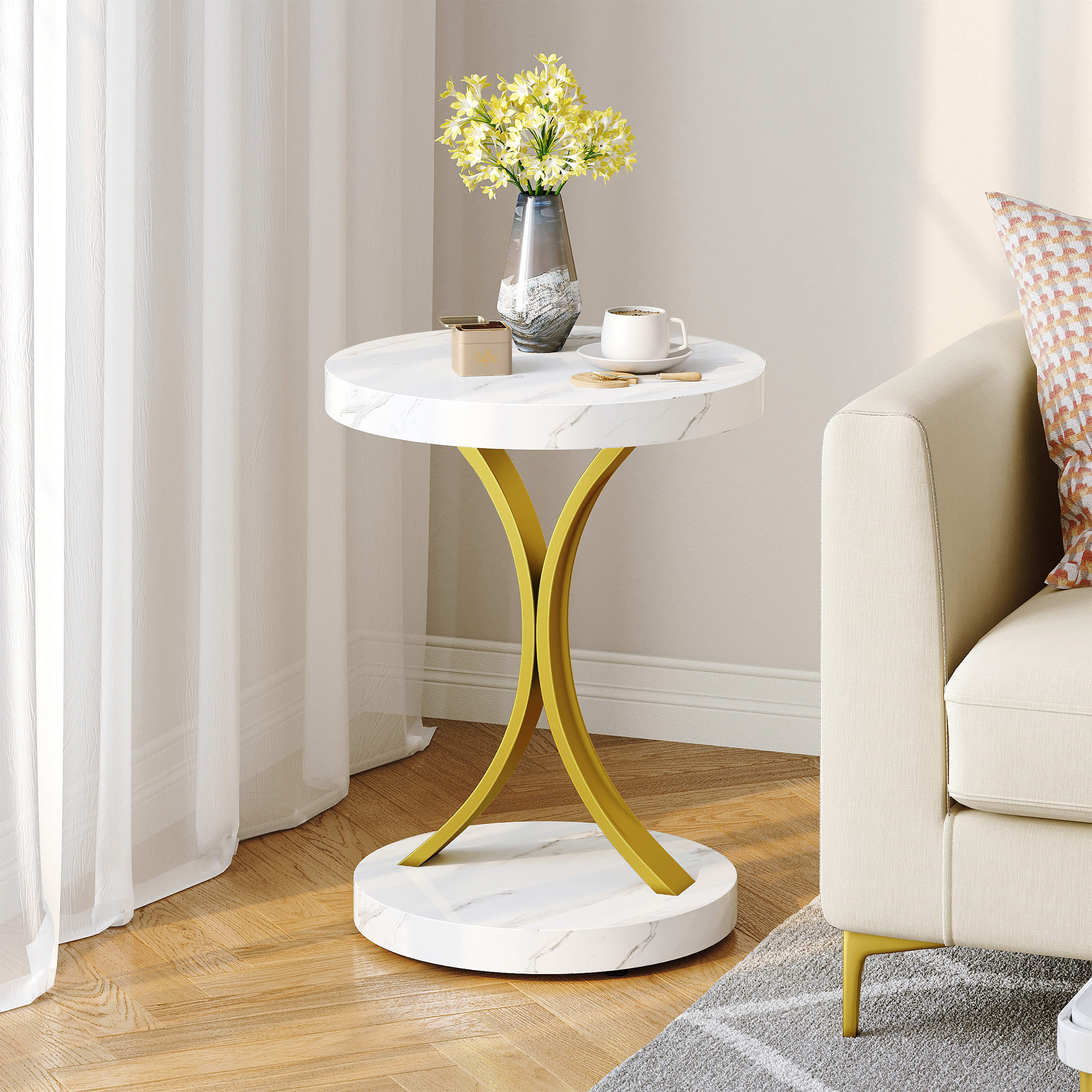 Mercer41 Meranda 20.5'' H Round End Tables with Faux Marble Top & Gold ...
