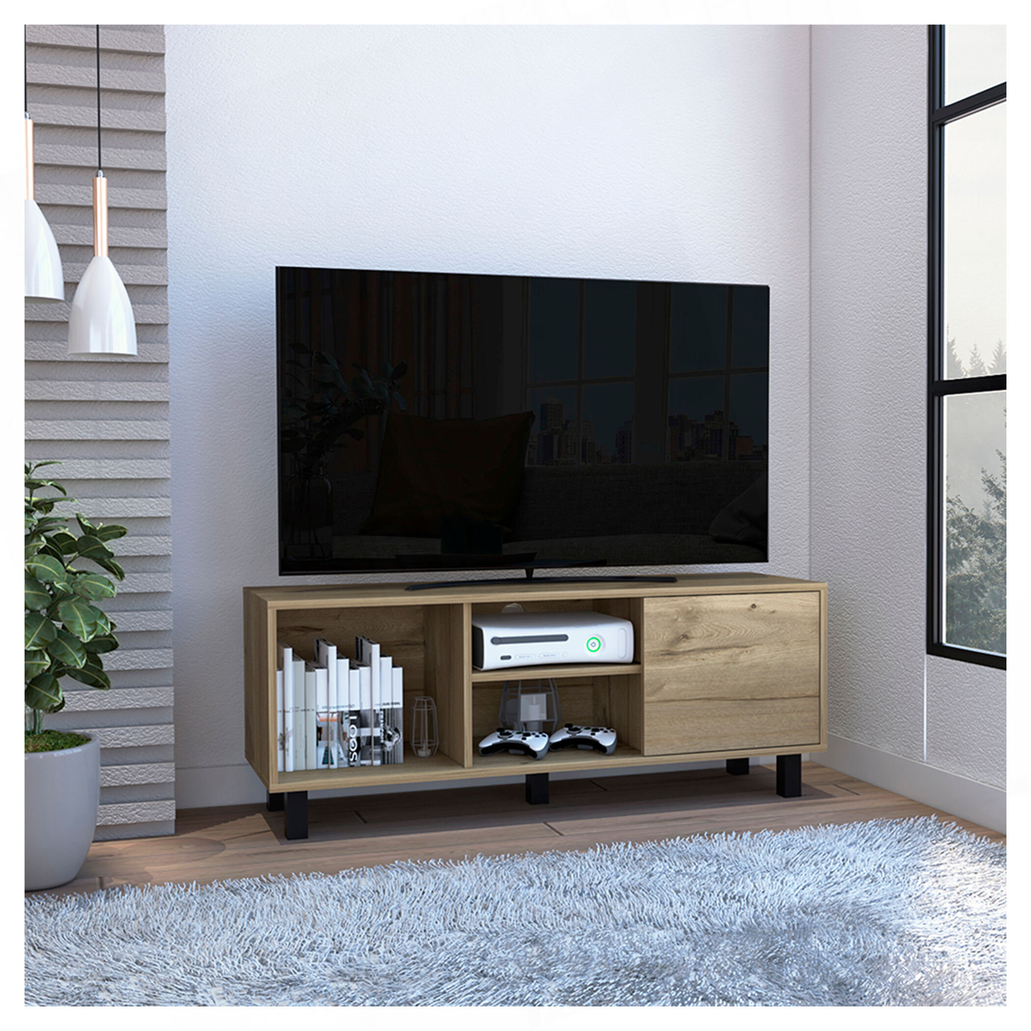 Ebern Designs Light Oak Finish TV Stand with Three Open Shelves and One ...