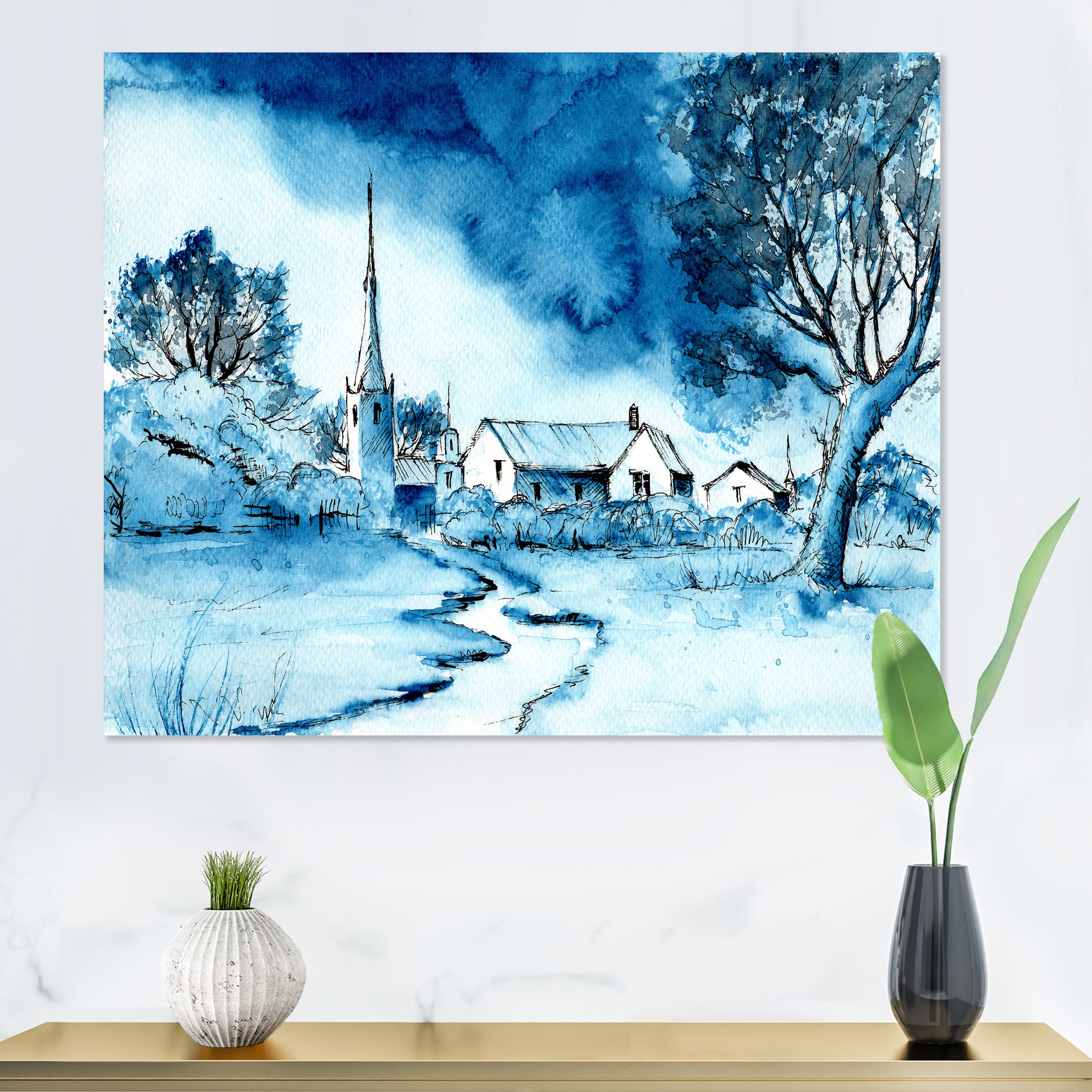 East Urban Home Landscape in Blue Tones of a Small Town - Print on ...