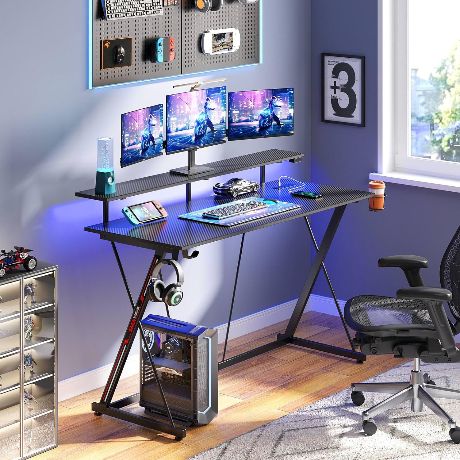 Inbox Zero Gaming Desk With LED Lights, Power Outlets, Monitor Shelf ...