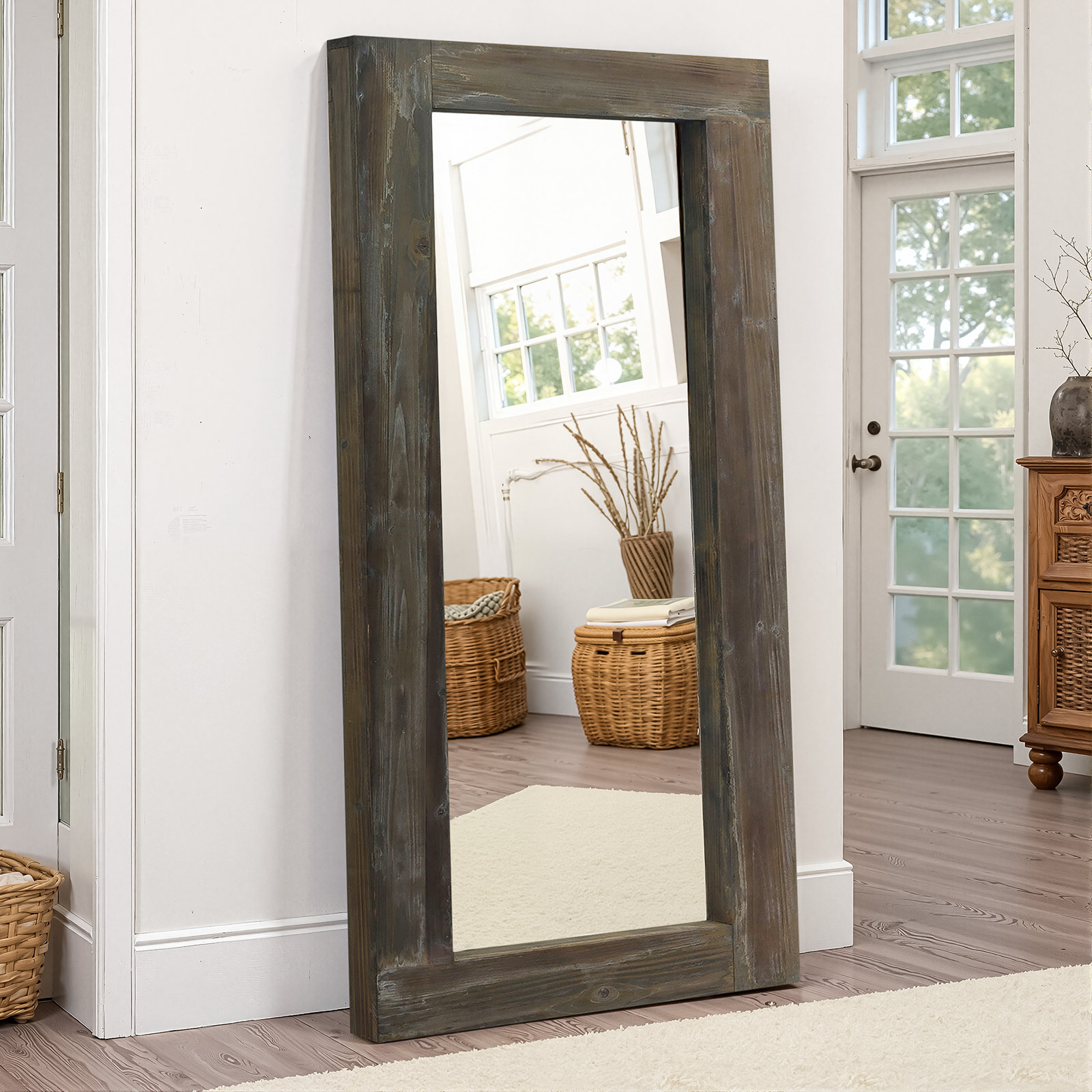 Gracie Oaks Breea Distressed Solid Wood Accent Mirror Antique Full ...
