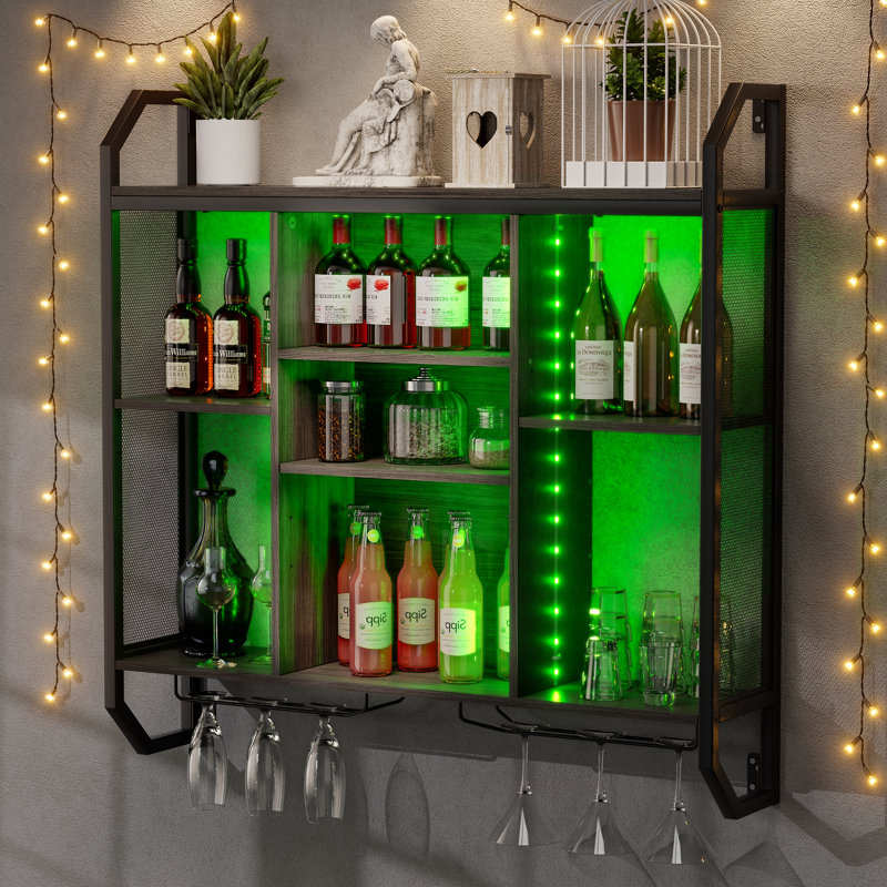 17 Stories Floating Led Lighted Bar Shelves, Wall Mounted Liquor Rack ...