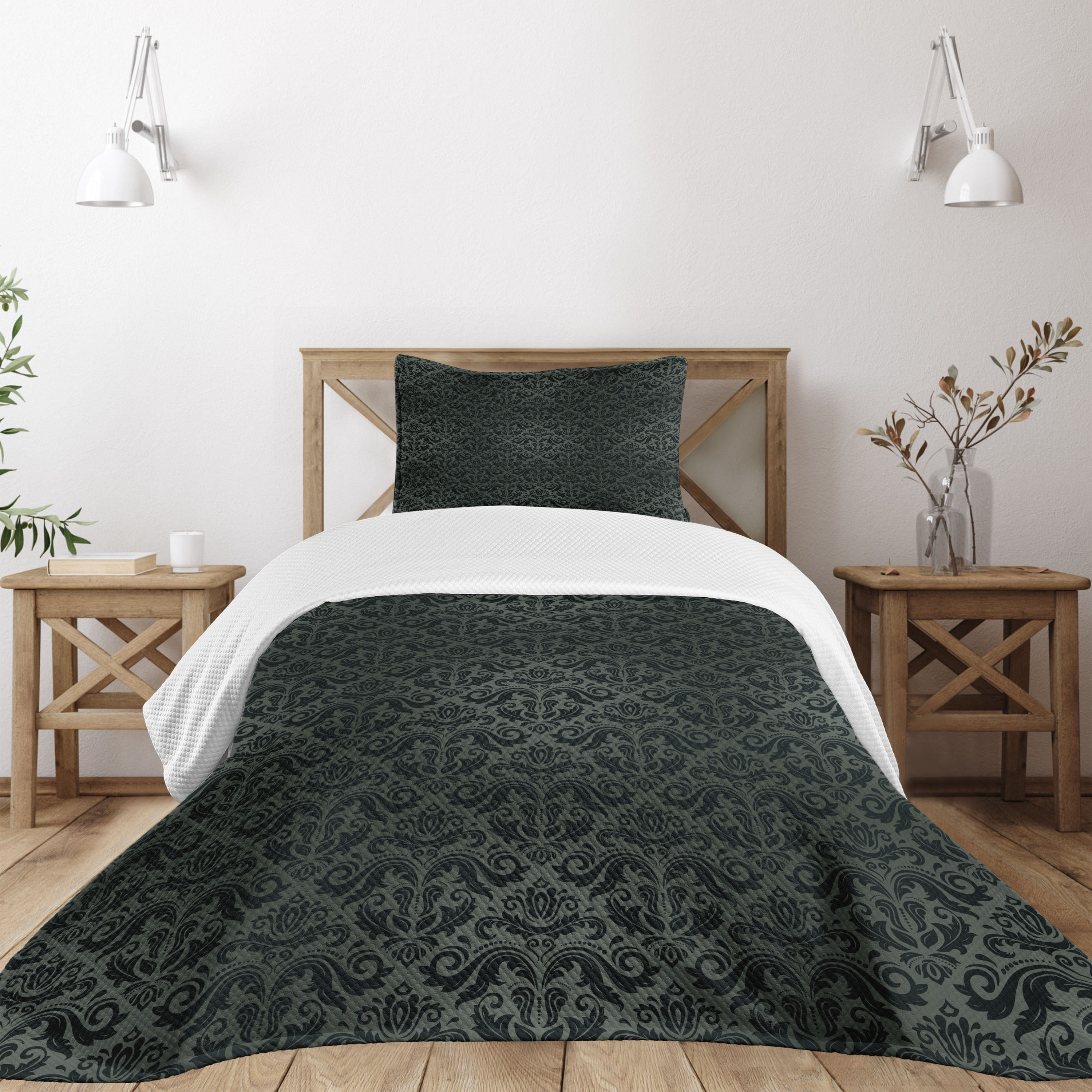 Ambesonne Dark Grey Bedspread Set Black Damask Floral Black Grey | Wayfair