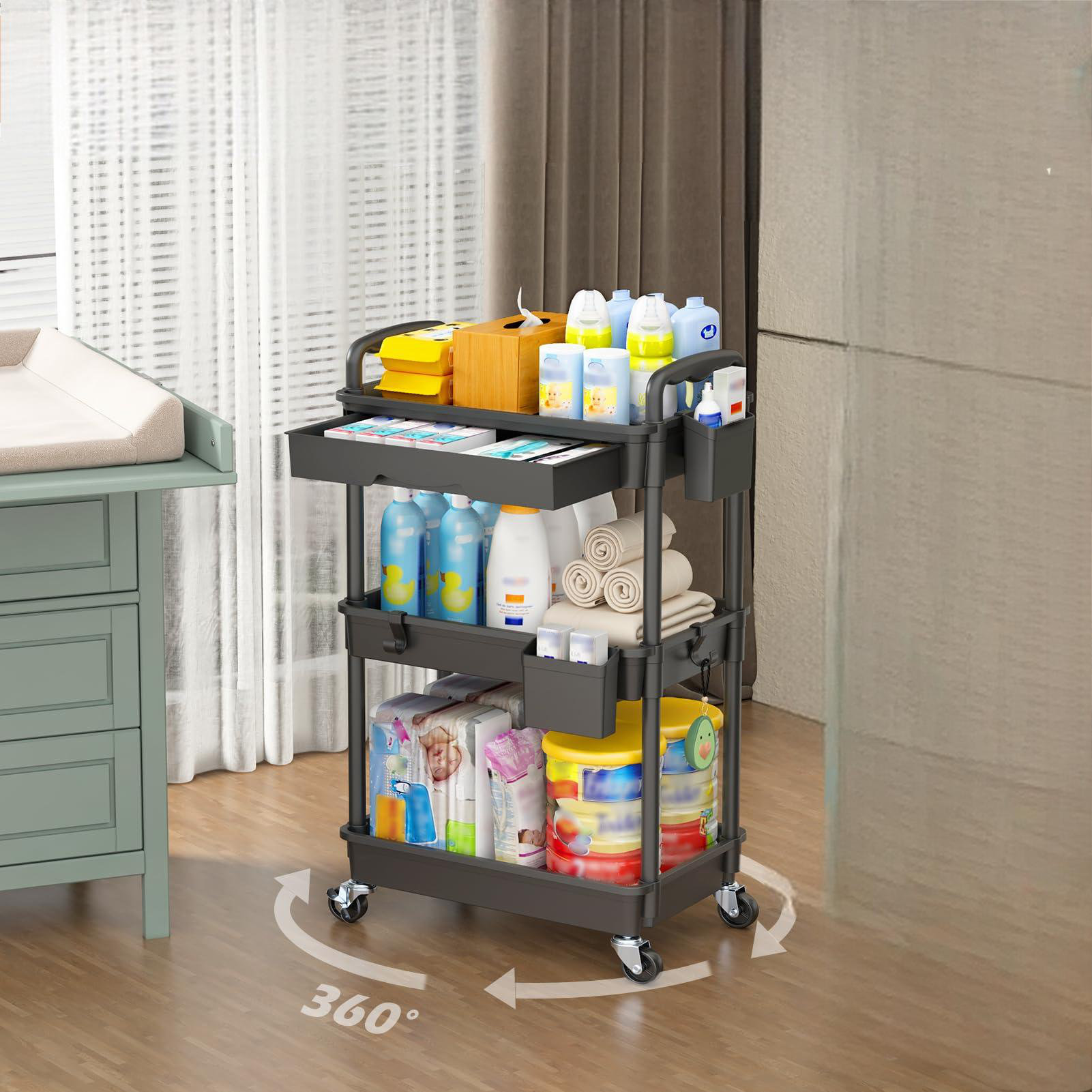 LEERWEI 3 Tier Rolling Utility Cart Organizer With Removable Drawer ...