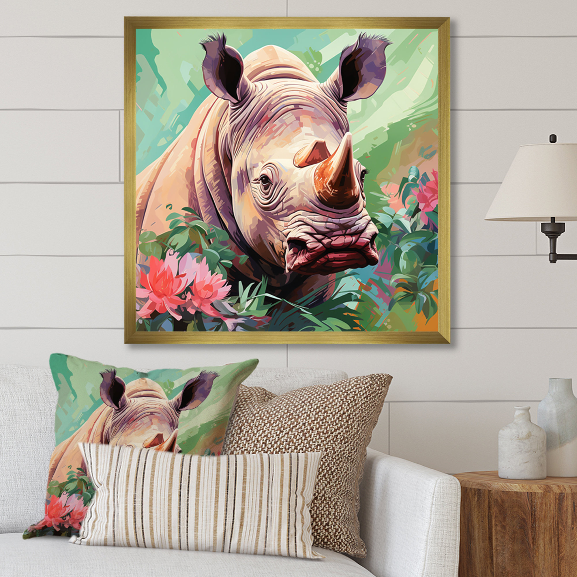 Millwood Pines Pink And Green Rhino Paradise II - Rhinoceros Wall Art ...